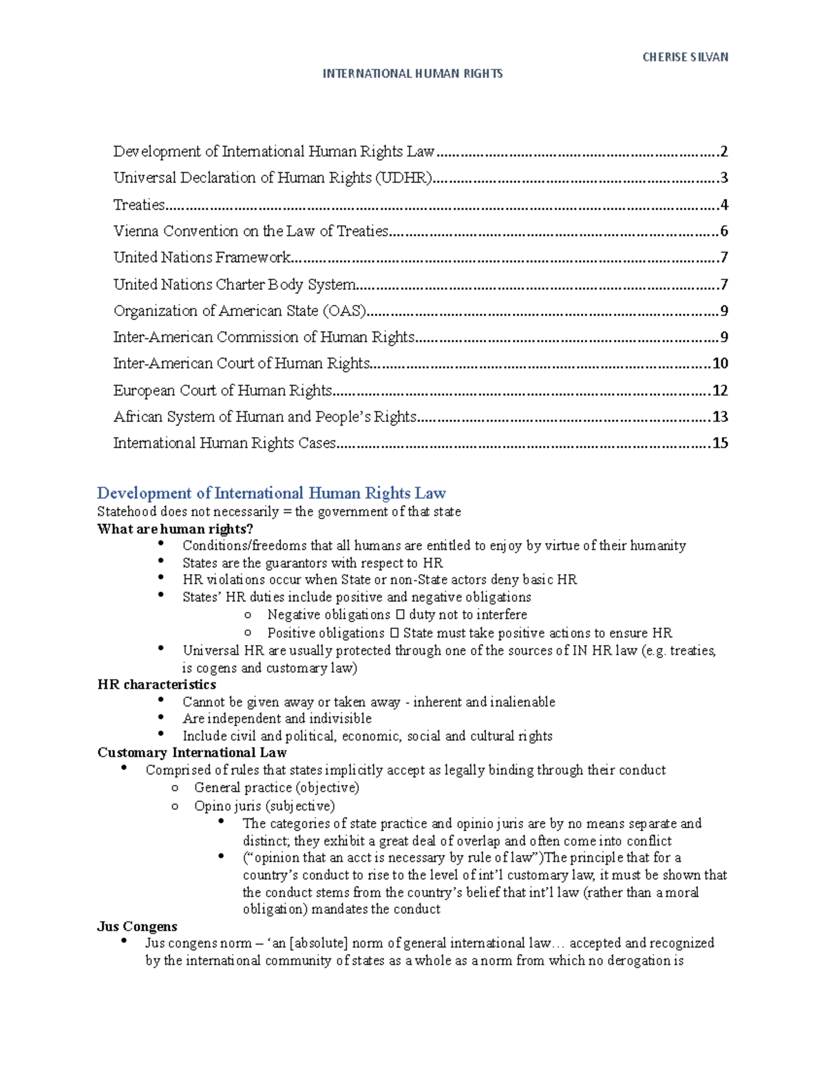 INTL Outline - full class lecture notes - INTERNATIONAL HUMAN RIGHTS ...