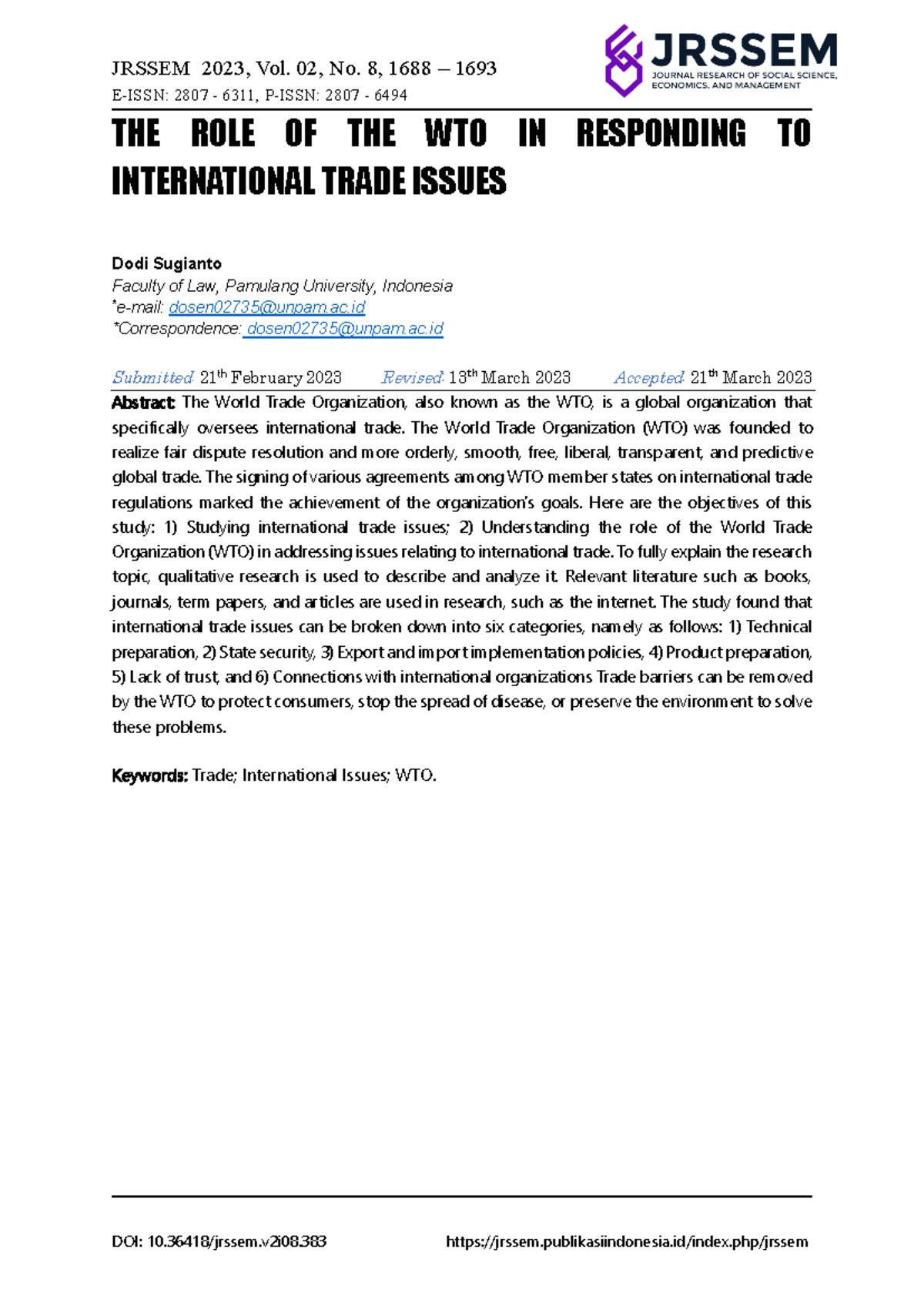The Role of The WTO In Responding To International - JRSSEM 202 3 , Vol ...