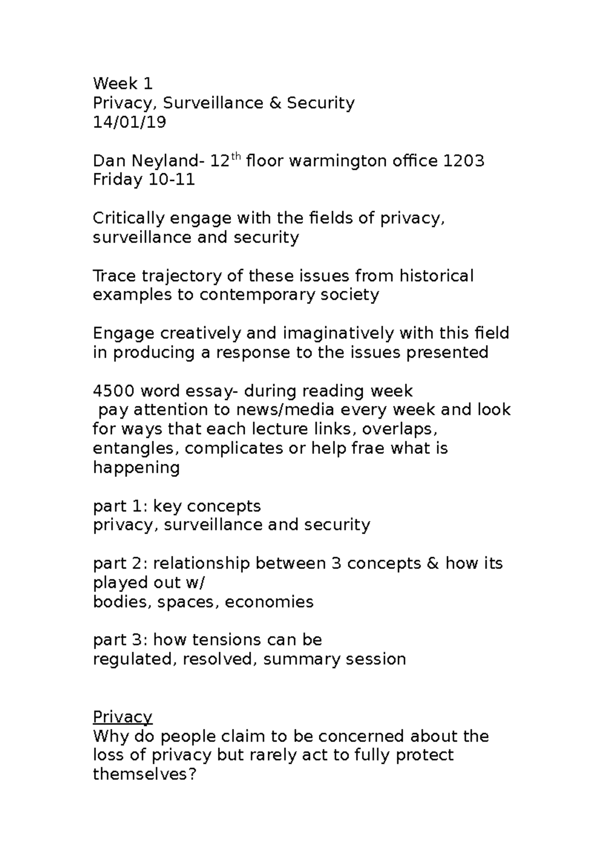 Week 1 notes privacy surveillance security - Week 1 Privacy ...