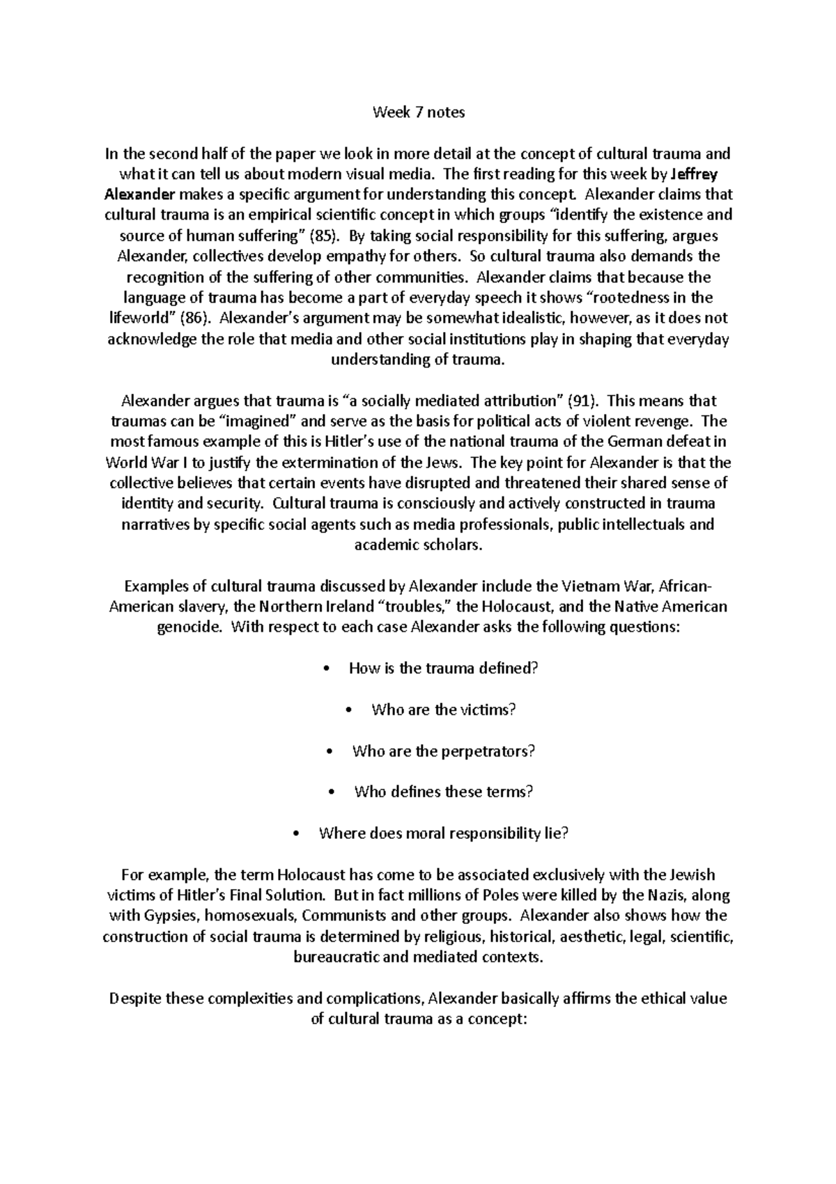 Week 7 Notes Trauma and the Media - Week 7 notes In the second half of ...