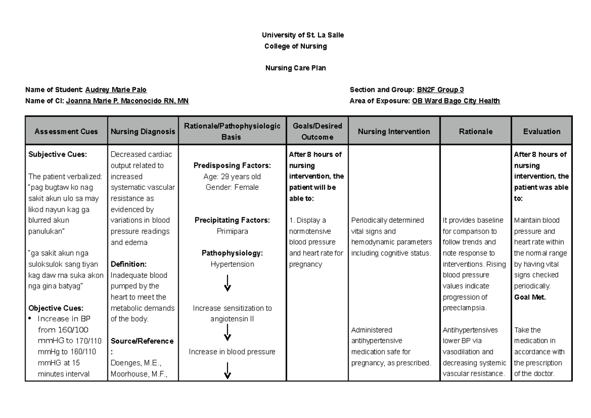 Nursing Care Plan - University of St. La Salle College of Nursing ...