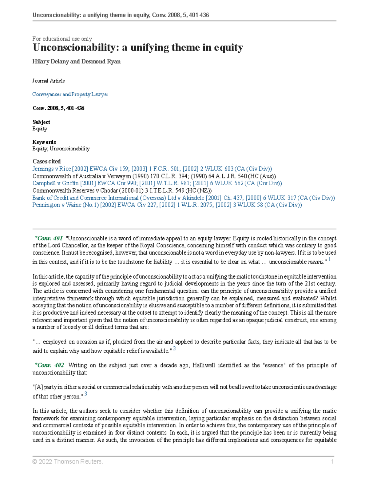 Unconscionability a unifying theme in equity - For educational use only ...