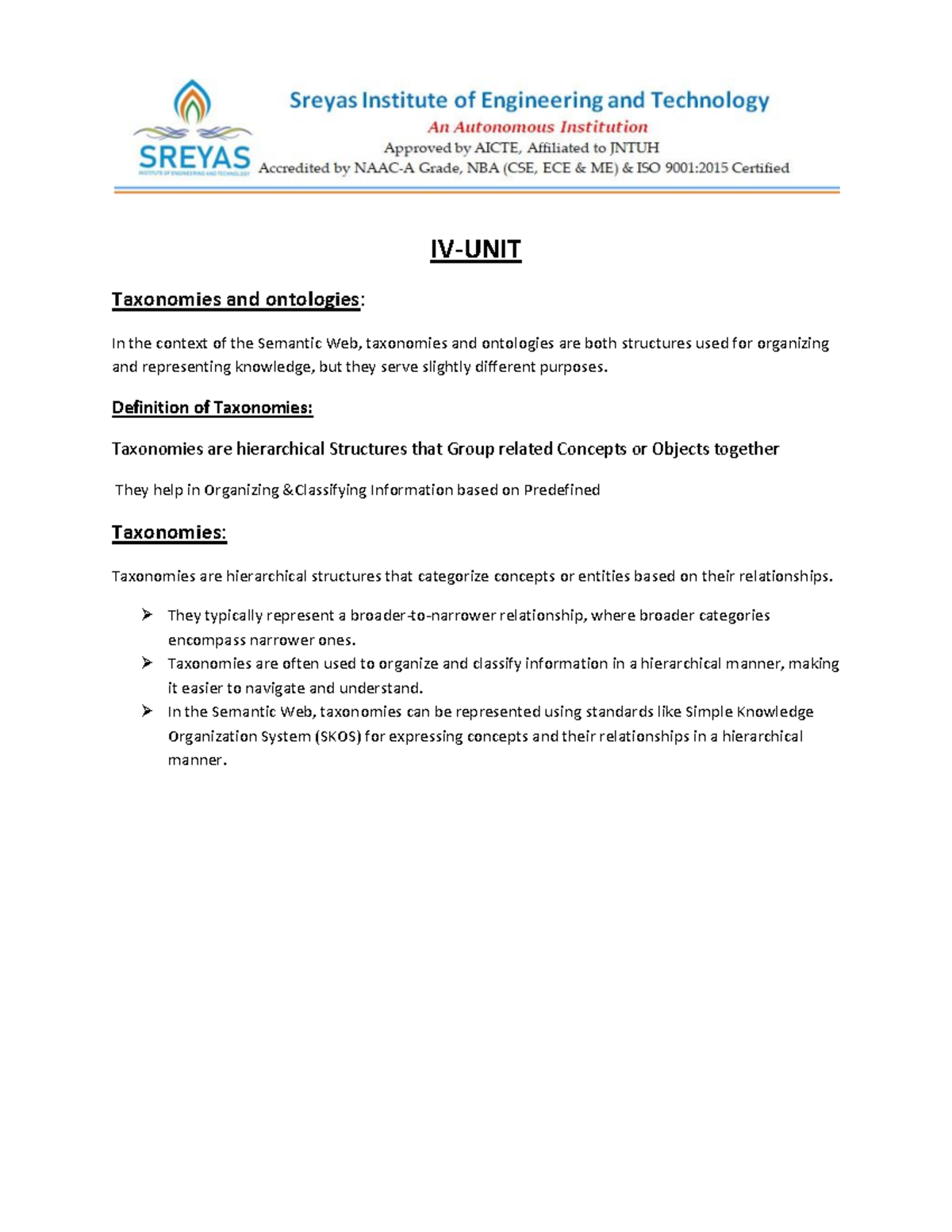 Semantic Web Unit Iv Iv Unit Taxonomies And Ontologies In The Context Of The Semantic Web