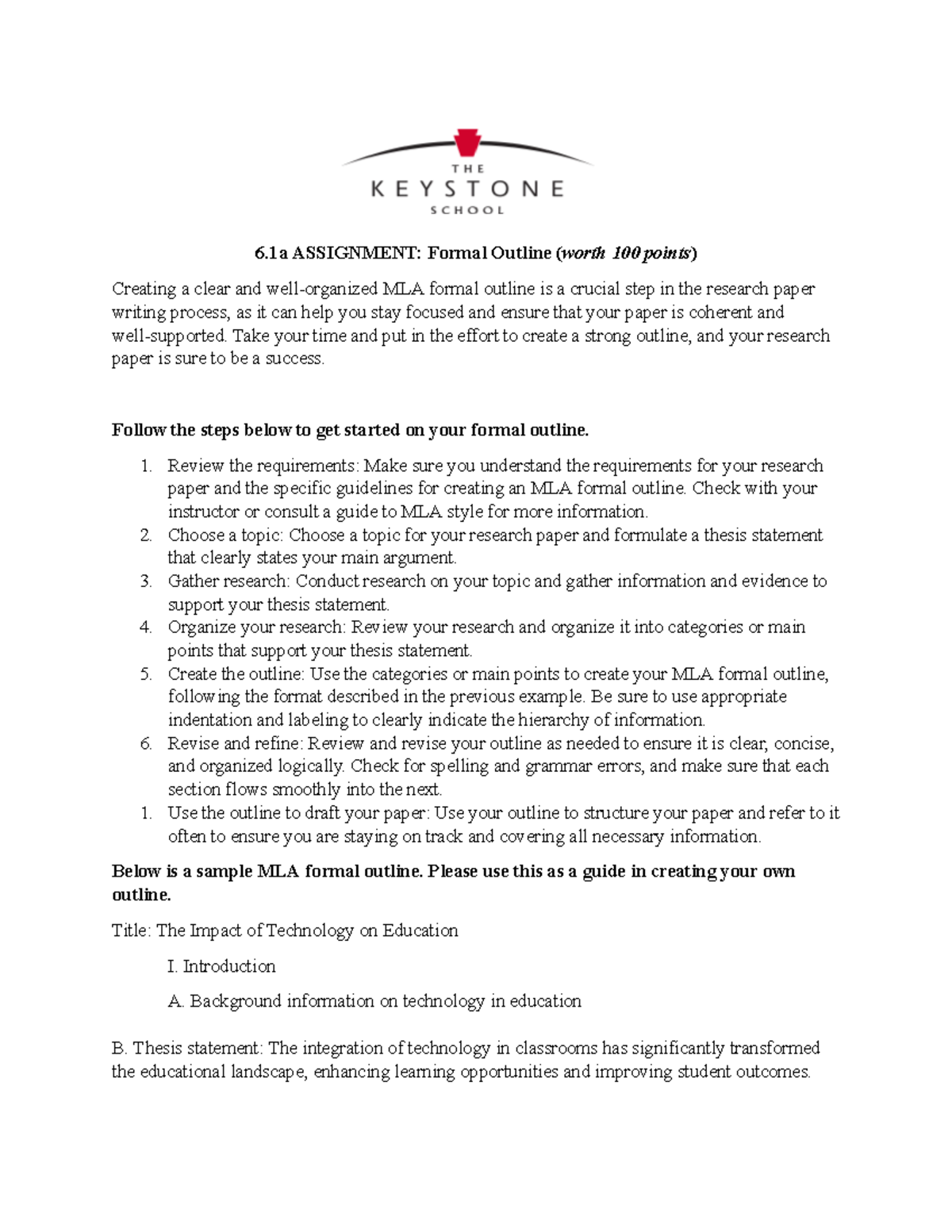 6-1a Assignment Formal Outline - 6 ASSIGNMENT: Formal Outline (worth ...