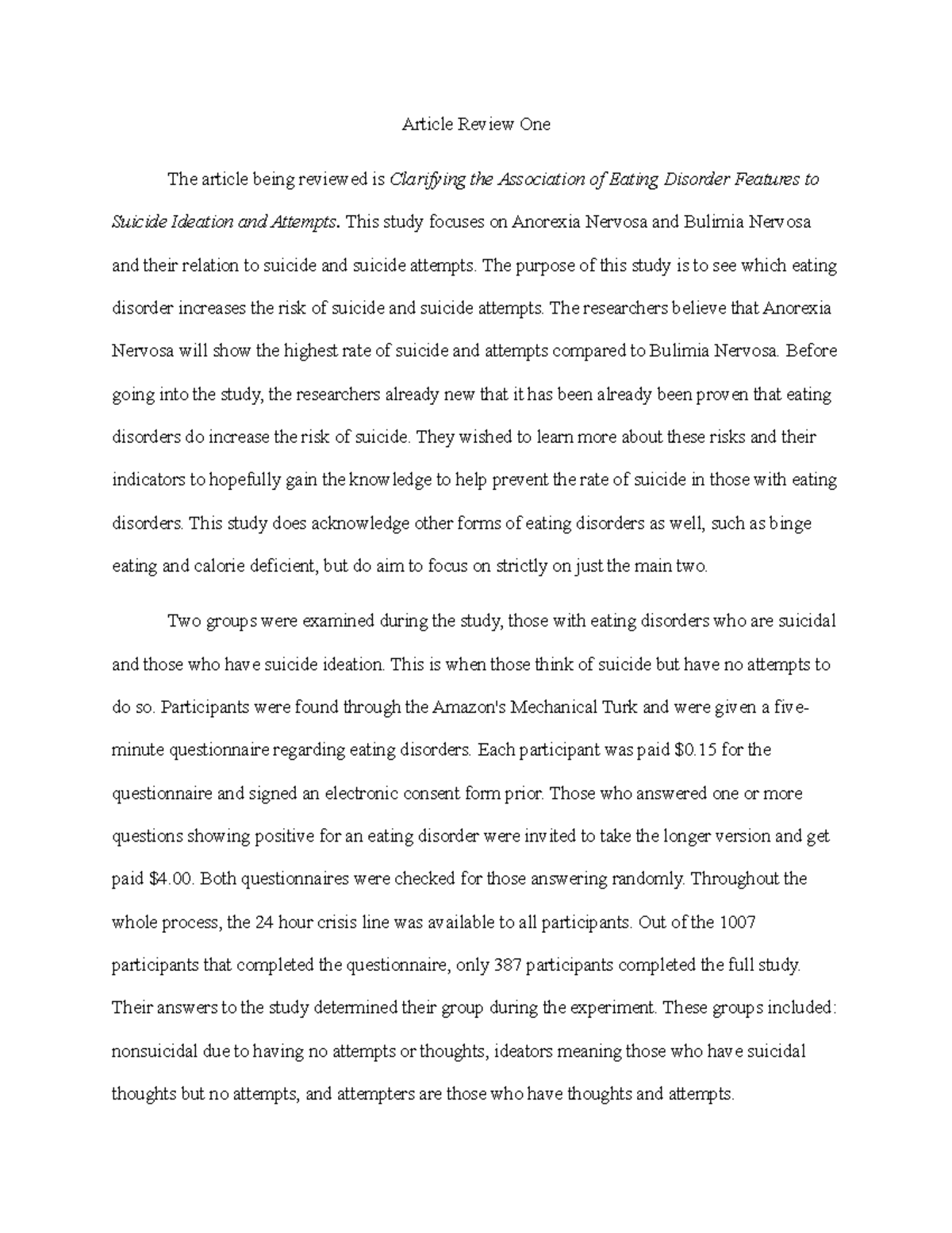 Psych 436 article review - Article Review One The article being ...