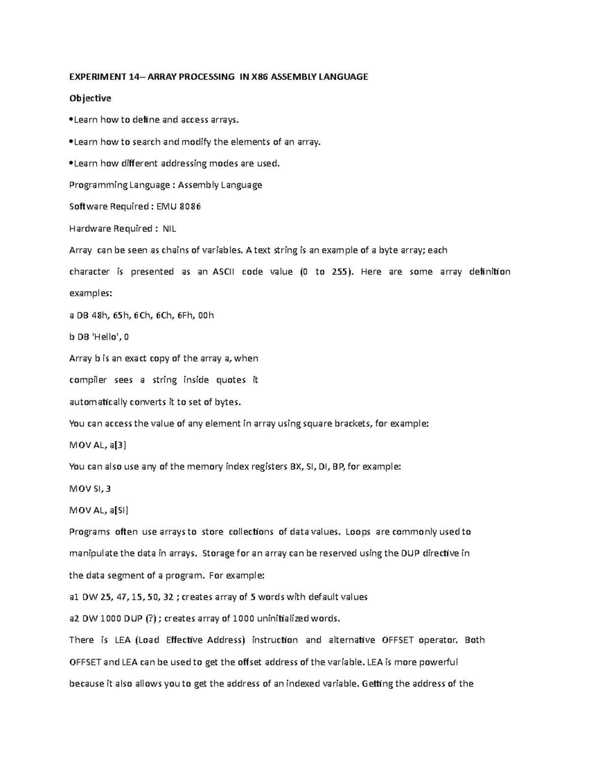 Computer Fundamental Lab Manual - EXPERIMENT 14– ARRAY PROCESSING IN X86 ASSEMBLY LANGUAGE ...