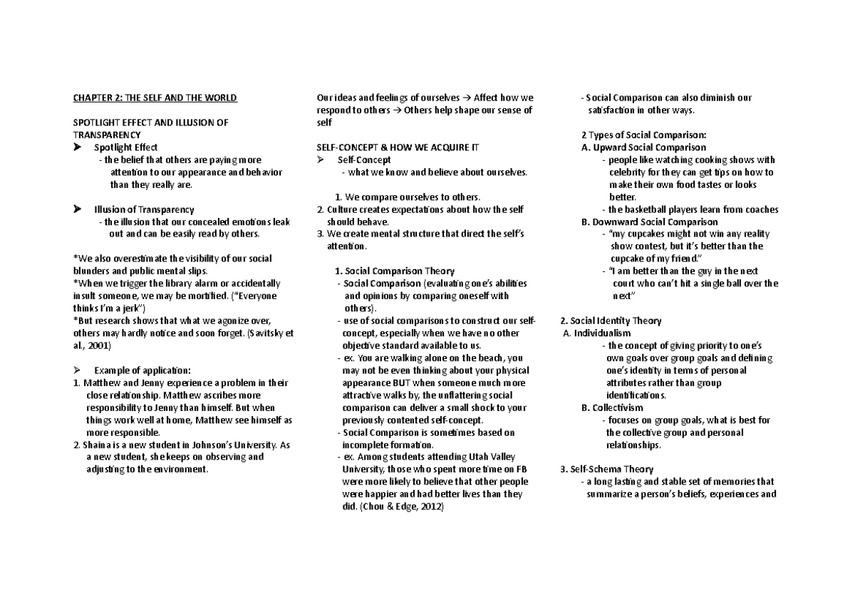 Socpsy Reviewer - CHAPTER 2: THE SELF AND THE WORLD SPOTLIGHT EFFECT AND ILLUSION OF ...