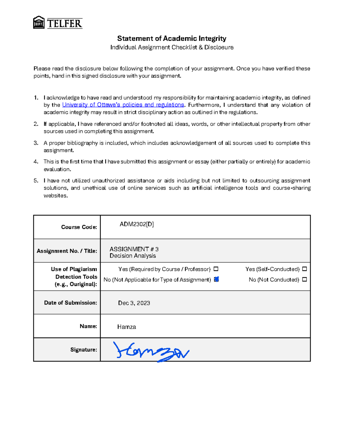 ADM 2302 D Syllabus Fall 2023 - Statement of Academic Integrity ...