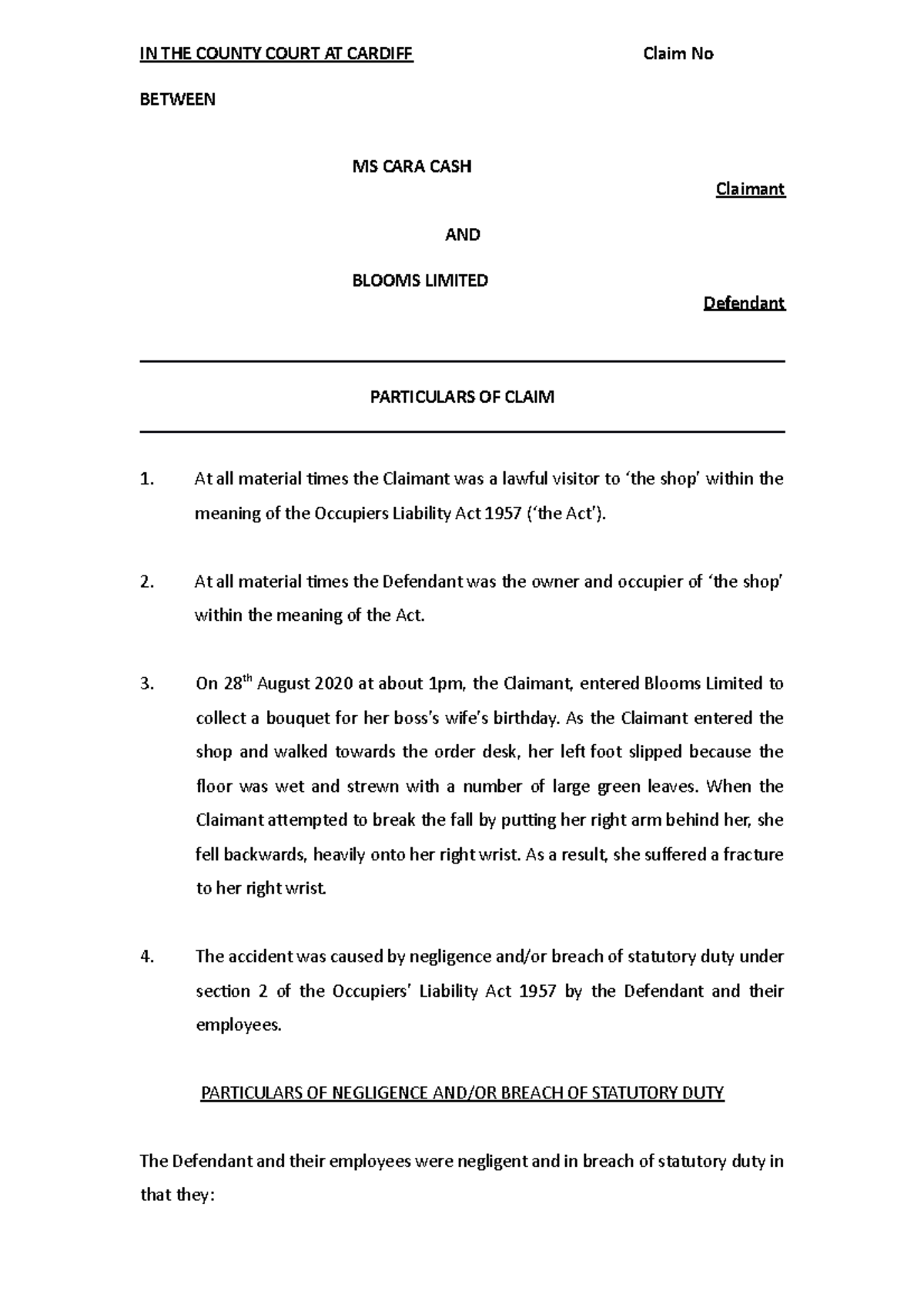 SG1 POC - sample particulars of claim - IN THE COUNTY COURT AT CARDIFF ...