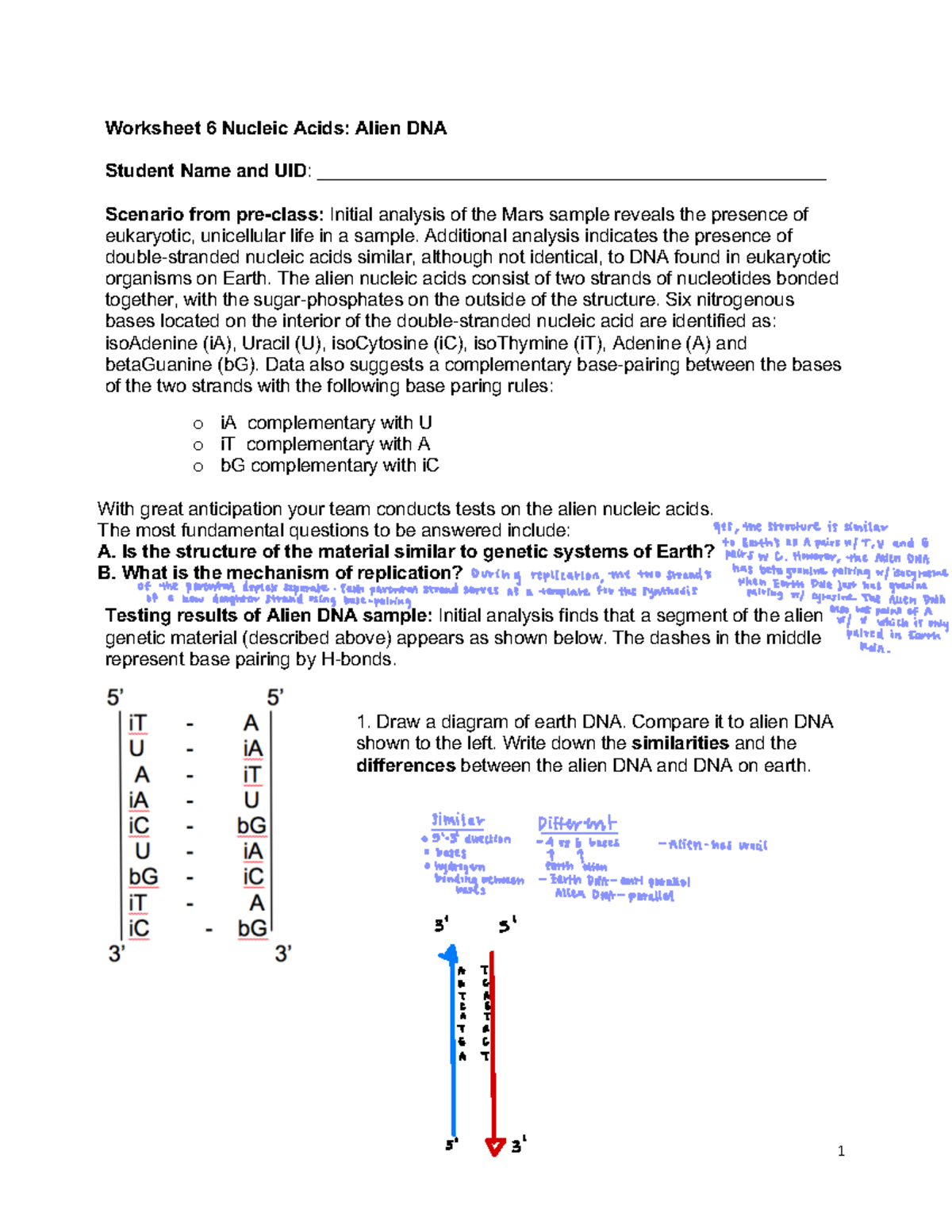 6 Alien DNA - 1 Worksheet 6 Nucleic Acids: Alien DNA Student Name and ...