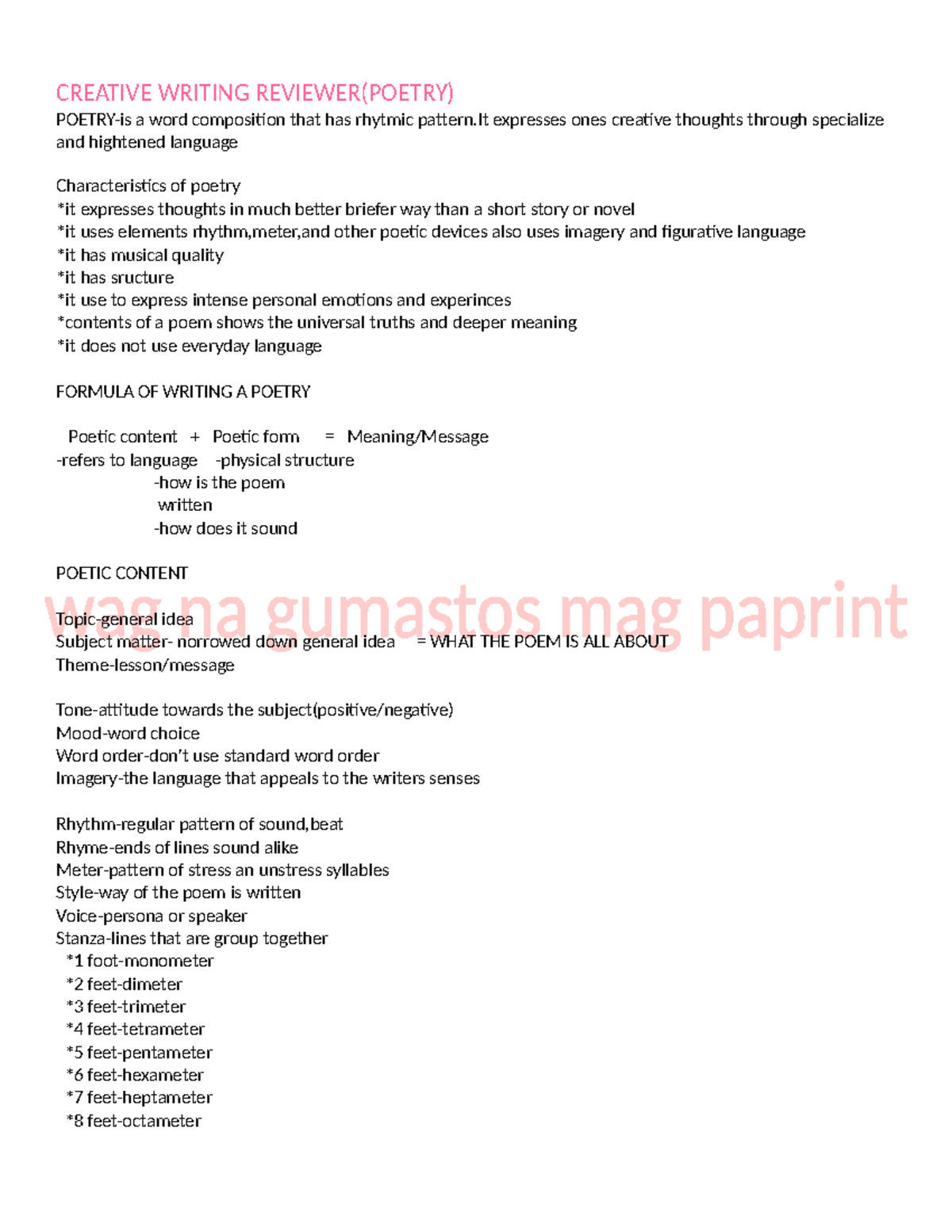 Creative- Writing- Reviewer - CREATIVE WRITING REVIEWER(POETRY) POETRY ...