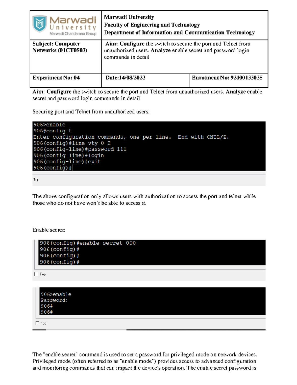 35-Experiment-4 - Experiments on switch, router configuration and ...