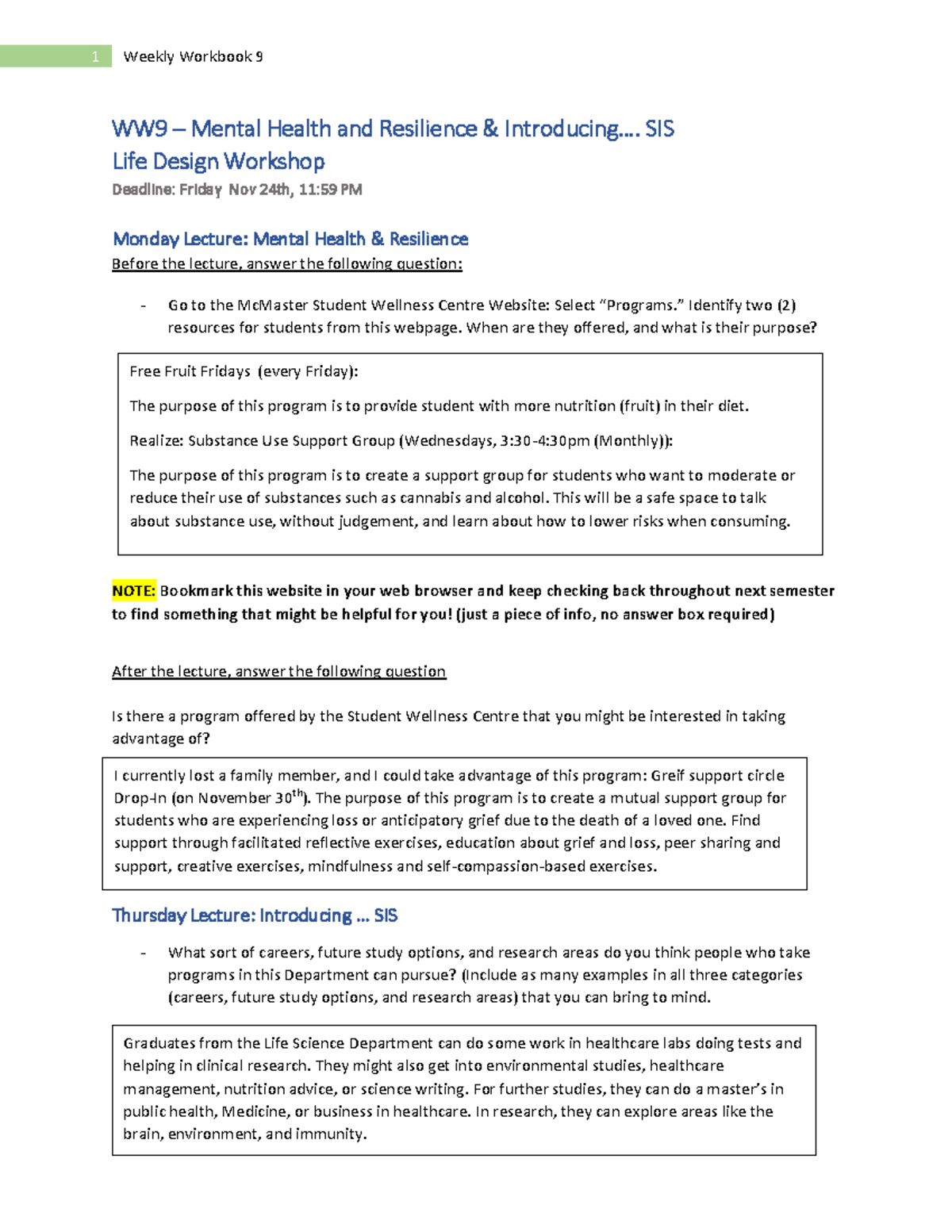 WW9 - weekly work book - WW 9 – Mental Health and Resilience ...