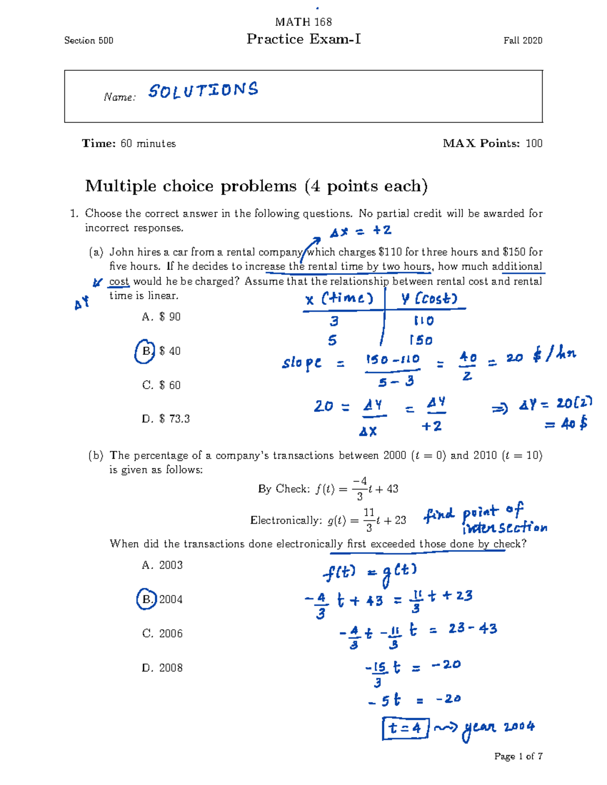 Practice 1-solutions - EXAM 1 - Section 500 MATH 168 Practice Exam-I ...