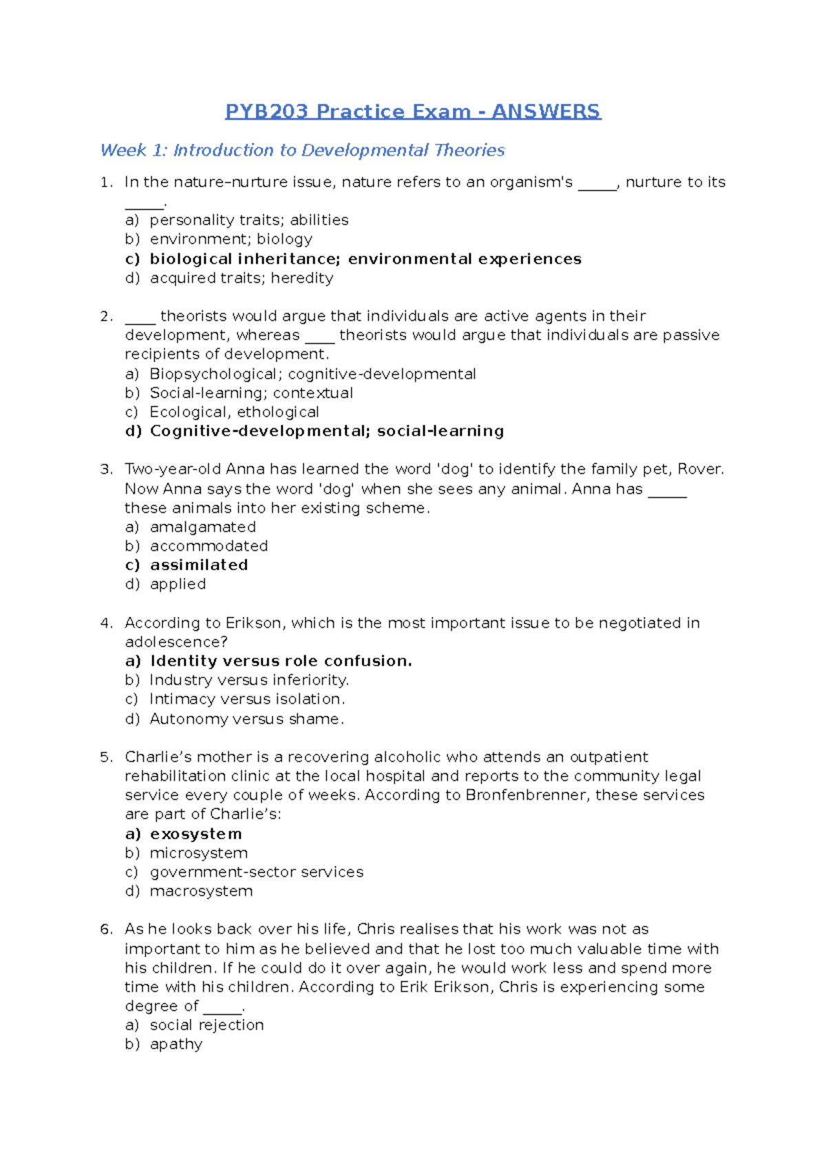 Answers PYB203 Full Practice Exam 2022 - PYB203 Practice Exam - ANSWERS Week 1: Introduction to ...