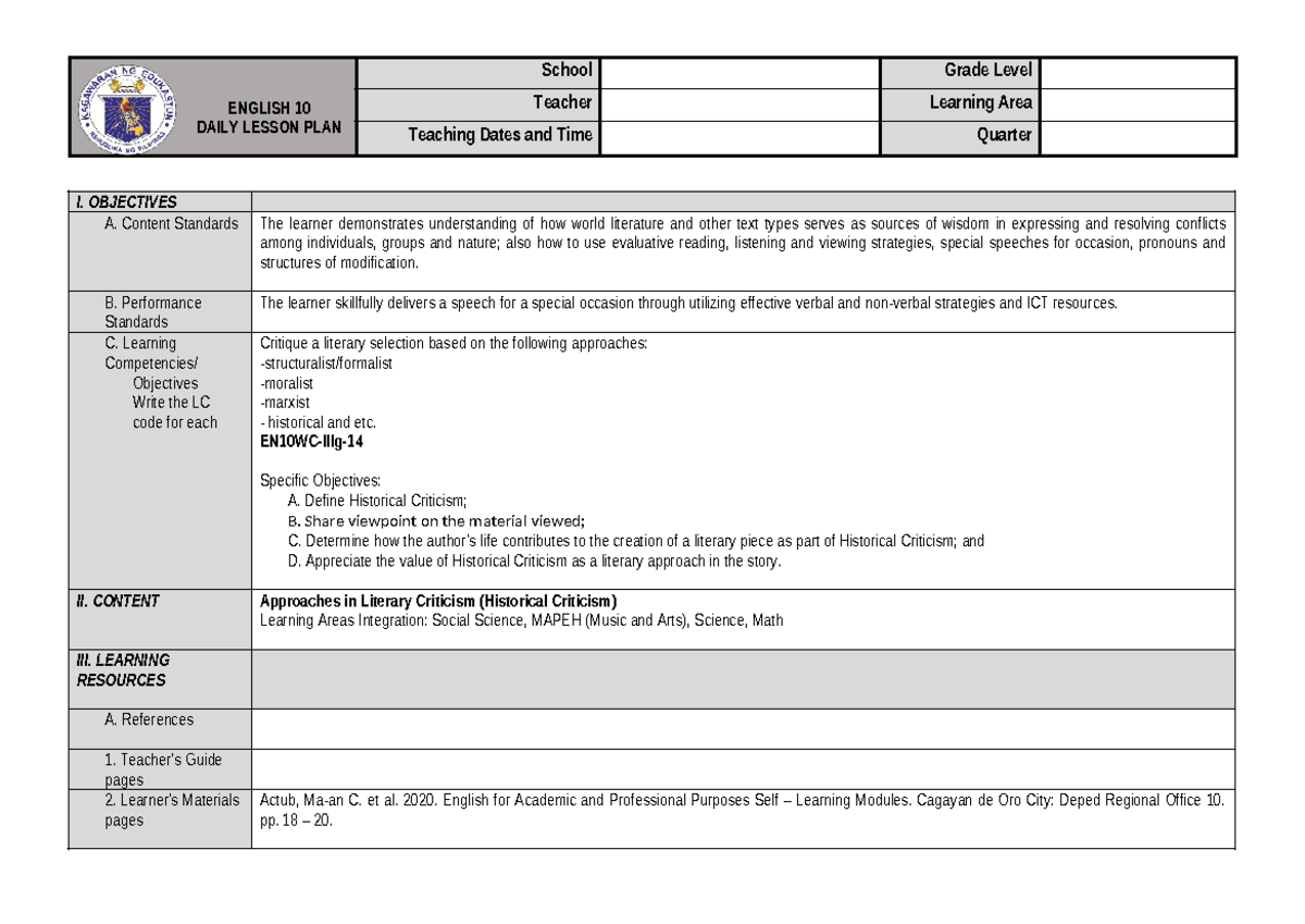 Inbound 8094993316591847700 - ENGLISH 10 DAILY LESSON PLAN School Grade ...