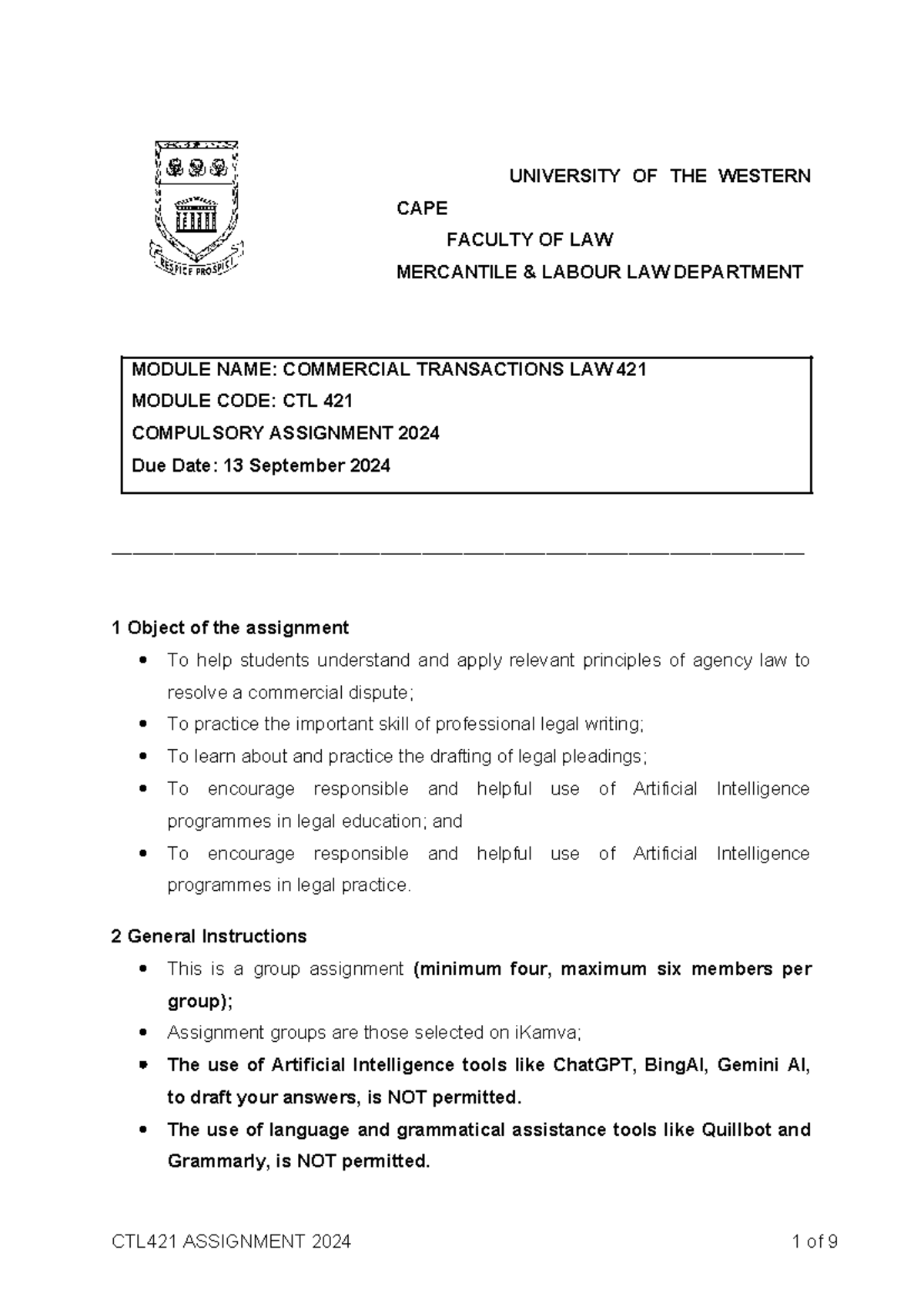 Amended CTL421 Assignment Question 2024 - UNIVERSITY OF THE WESTERN CAPE FACULTY OF LAW ...