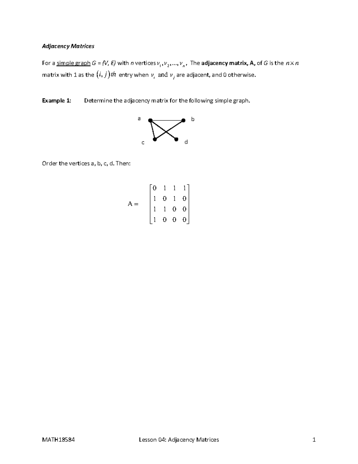 Lesson 22 - 4 04-Adjacency Matrices - Adjacency Matrices For a simple ...