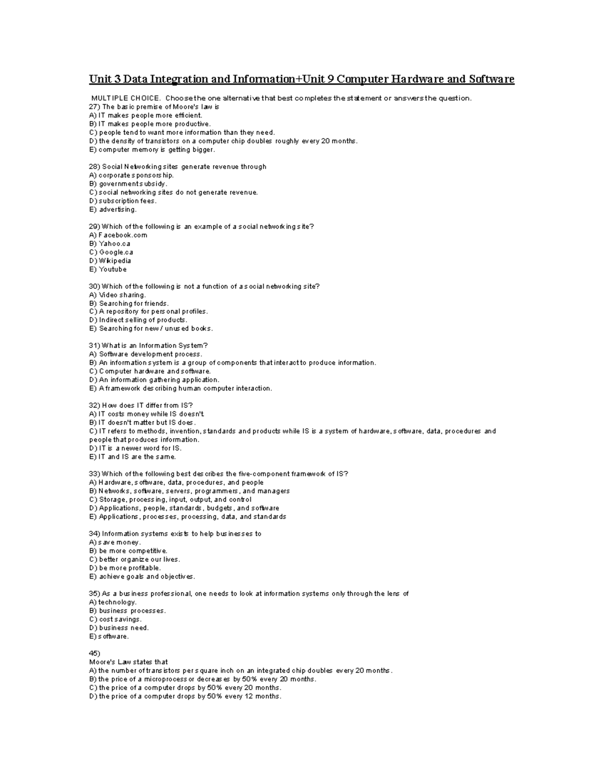 Unit 3+Unit 9- Compsci 1032 unit 9 practice quiz questions - Unit 3 Data Integration and - Studocu