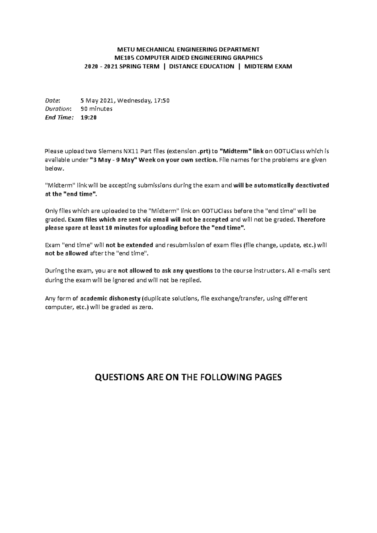 ME105 Midterm 21 - METU MECHANICAL ENGINEERING DEPARTMENT ME105 COMPUTER AIDED ENGINEERING ...