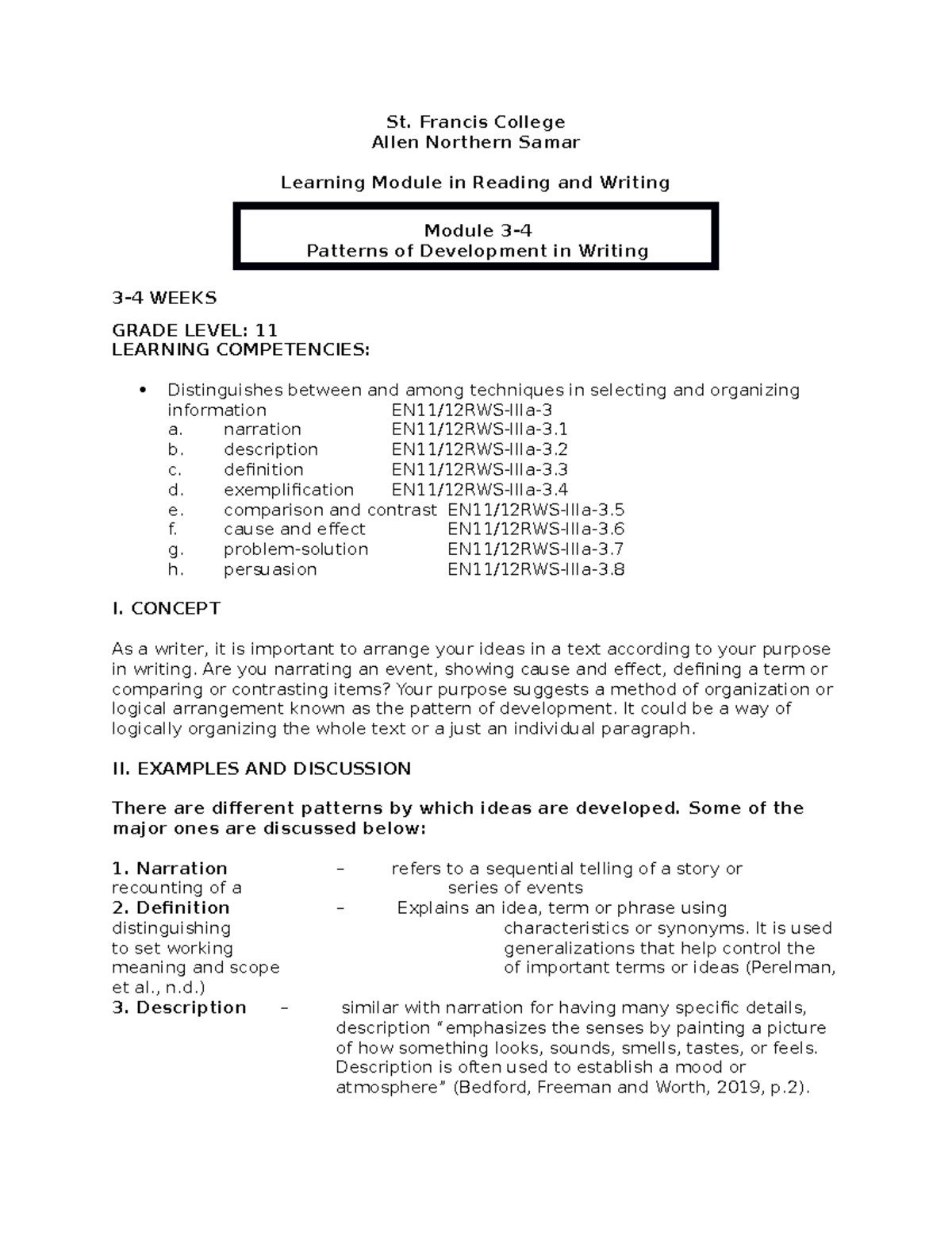 Reading Writing M3-4 (2 weeks) - St. Francis College Allen Northern ...