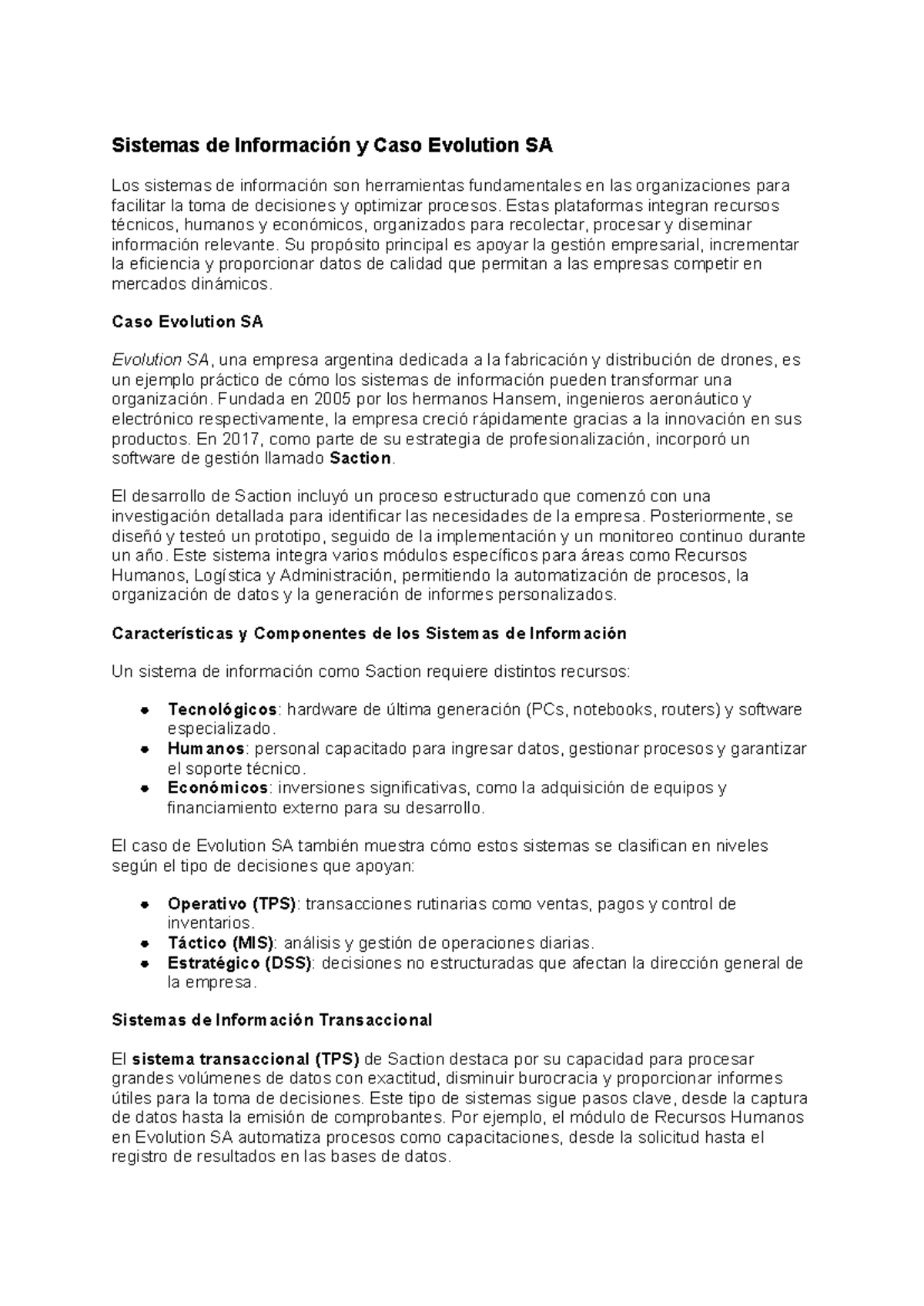 Documento sin título - resumen m4 - Sistemas de Información y Caso Evolution SA Los sistemas de ...