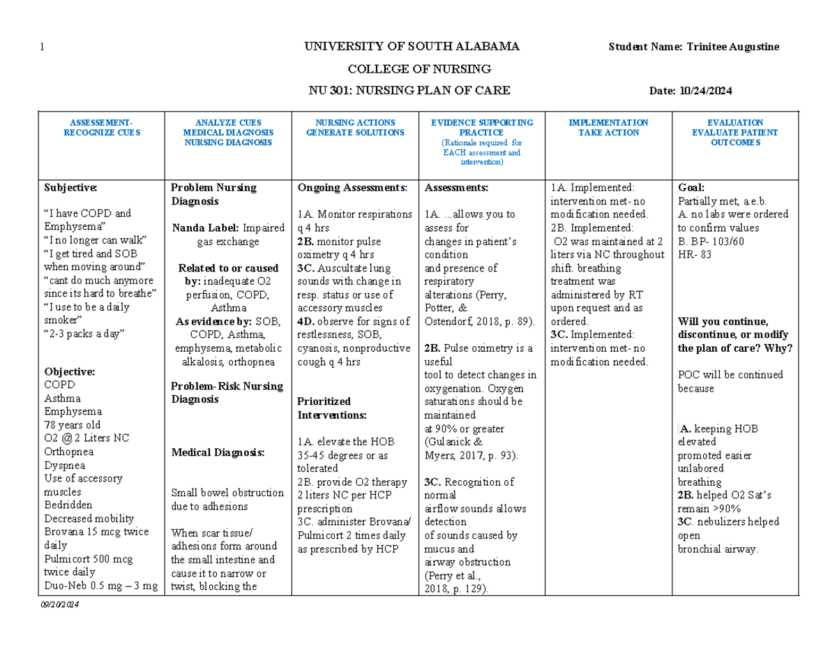 Care Plan fillable 10.24 - 1 UNIVERSITY OF SOUTH ALABAMA Student Name ...