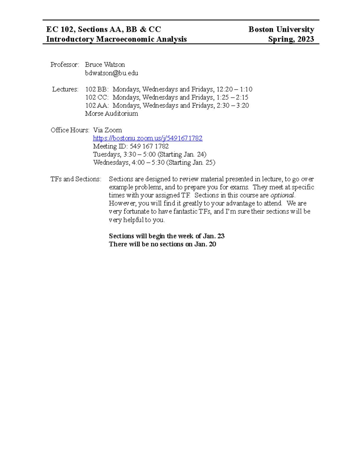 1 EC 102 AA, BB, CC, Spring 2023, Syllabus - Professor: Bruce Watson ...