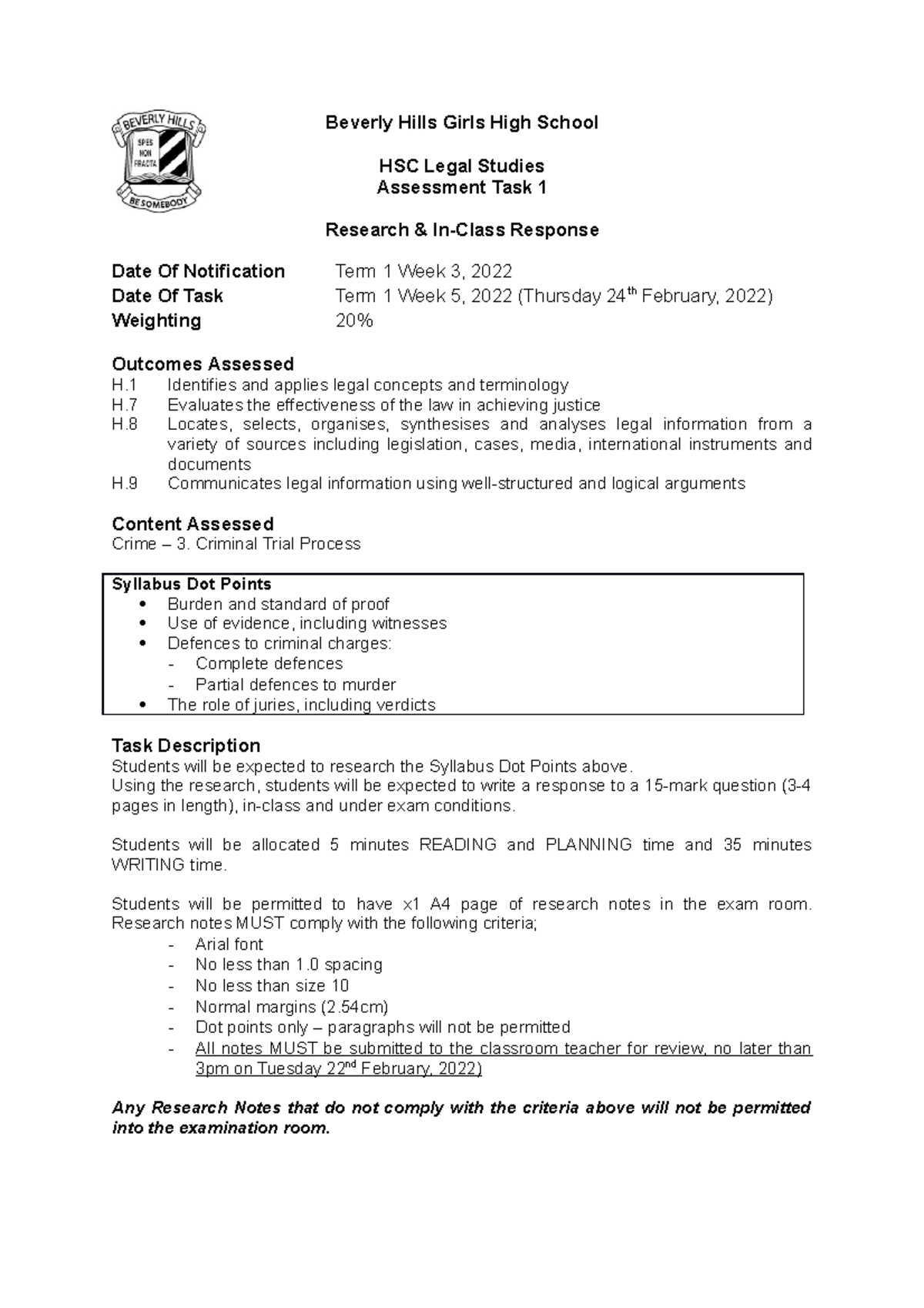 Assessment Task 1 - Notification - Beverly Hills Girls High School HSC ...