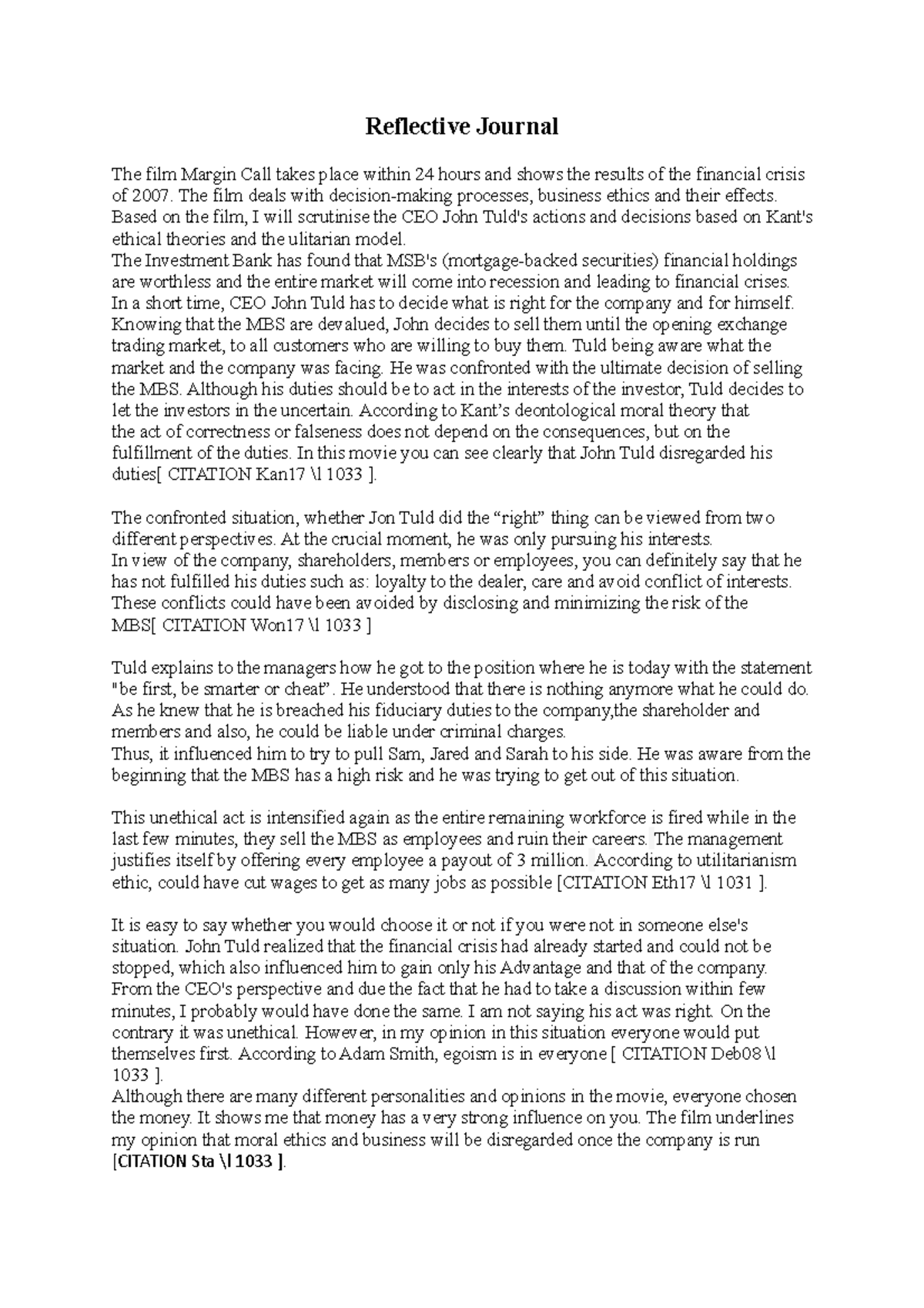 Reflective journal - Reflective Journal The film Margin Call takes ...