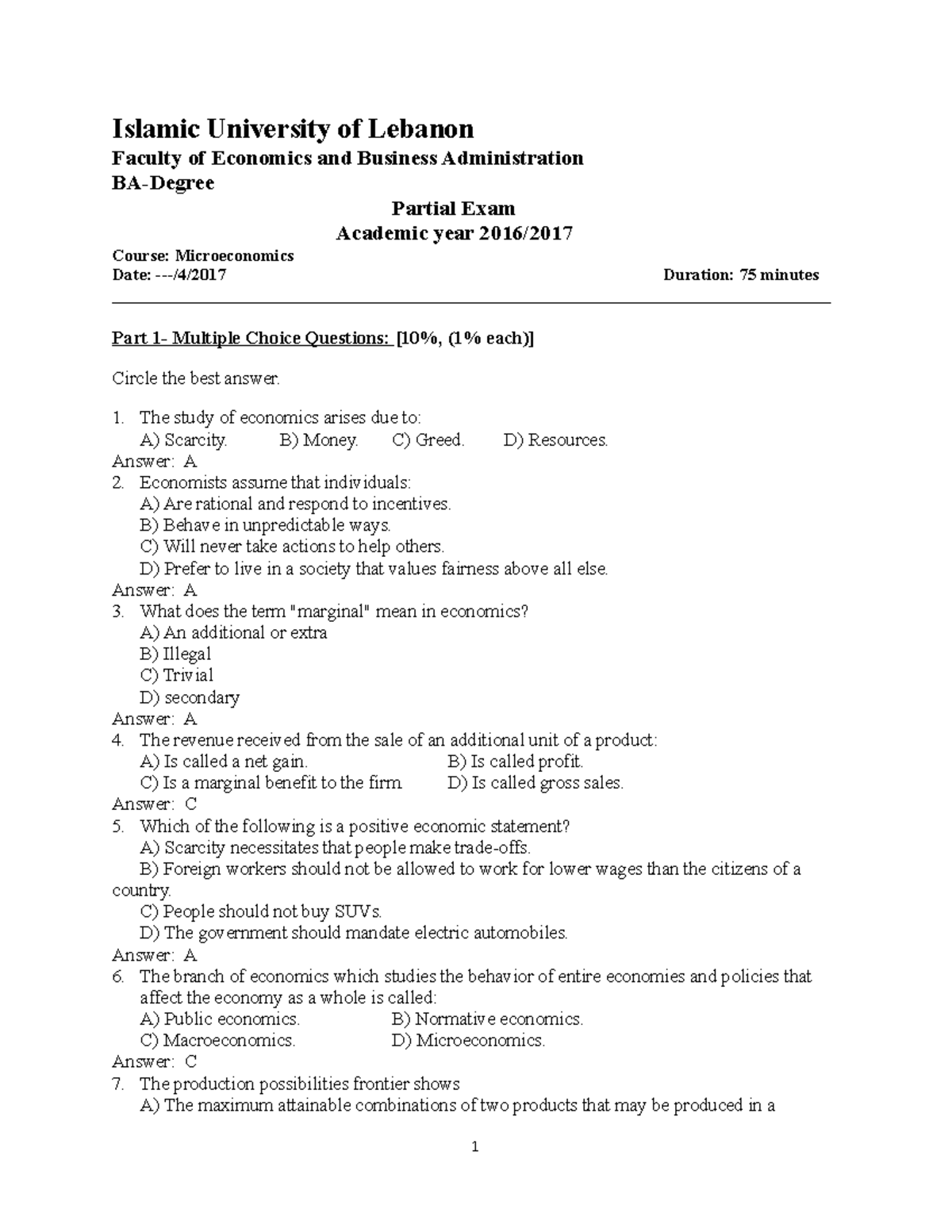 Micro Exam IUL - Islamic University of Lebanon Faculty of Economics and ...