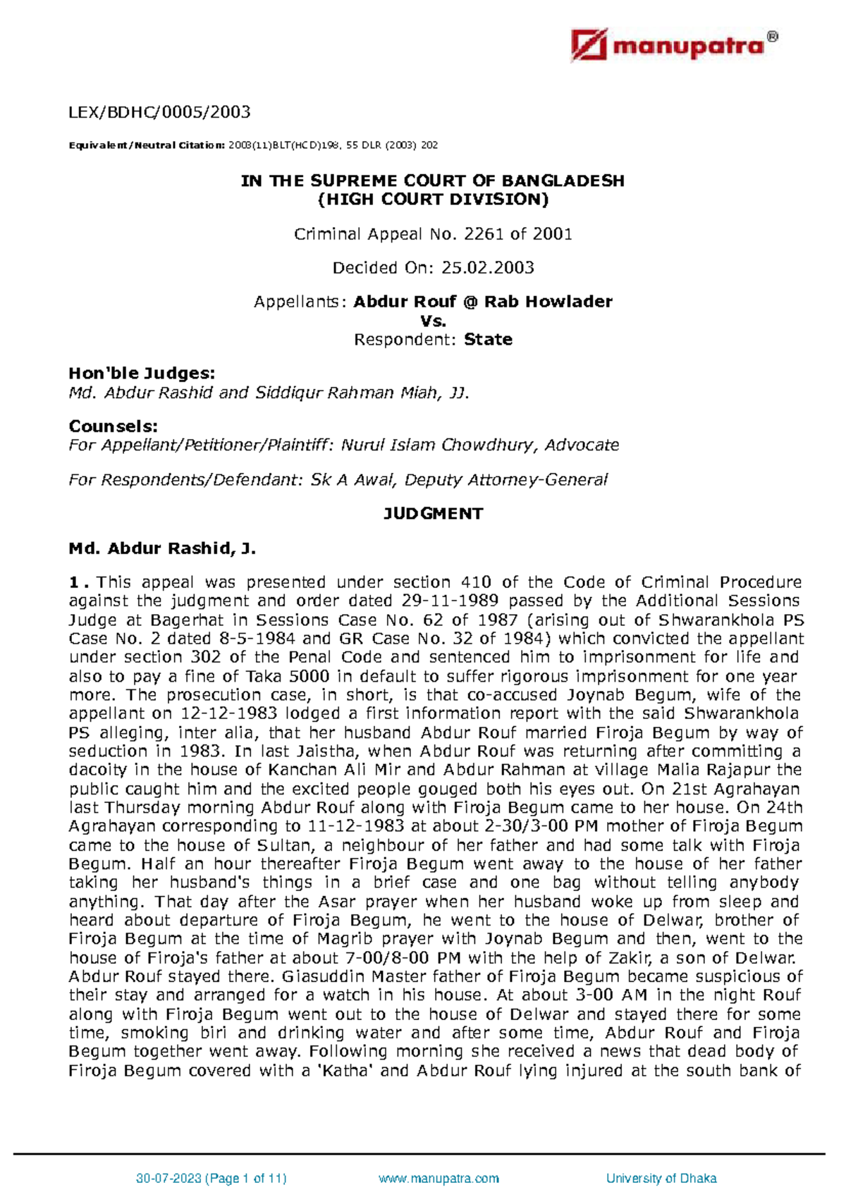 Abdur Rouf Rab Howlader vs State 25022003 Bdhcbdhc 030005 COM390708 ...