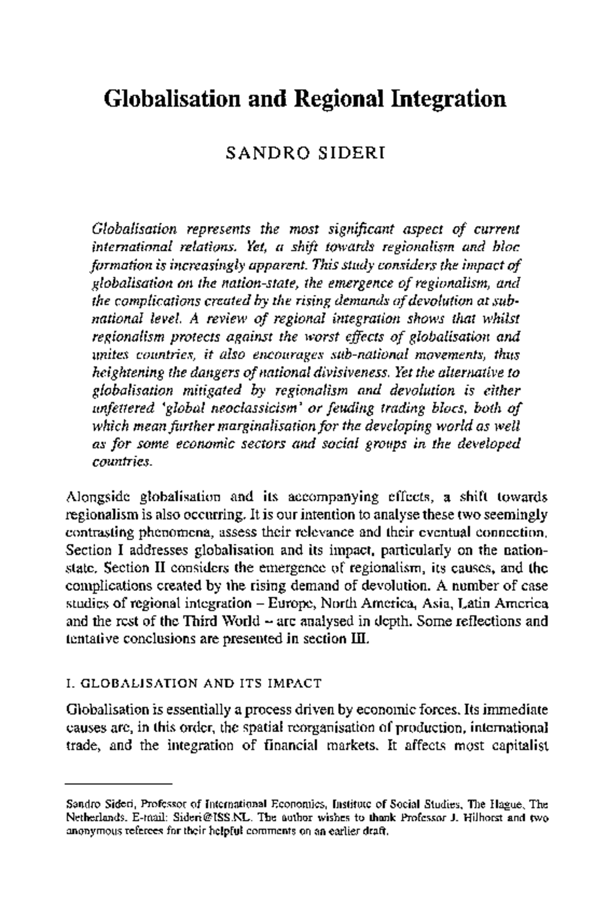 Sideri 1997 - Globalisation and Regional Integration SANDRO SIDERI Globalisation represents the ...