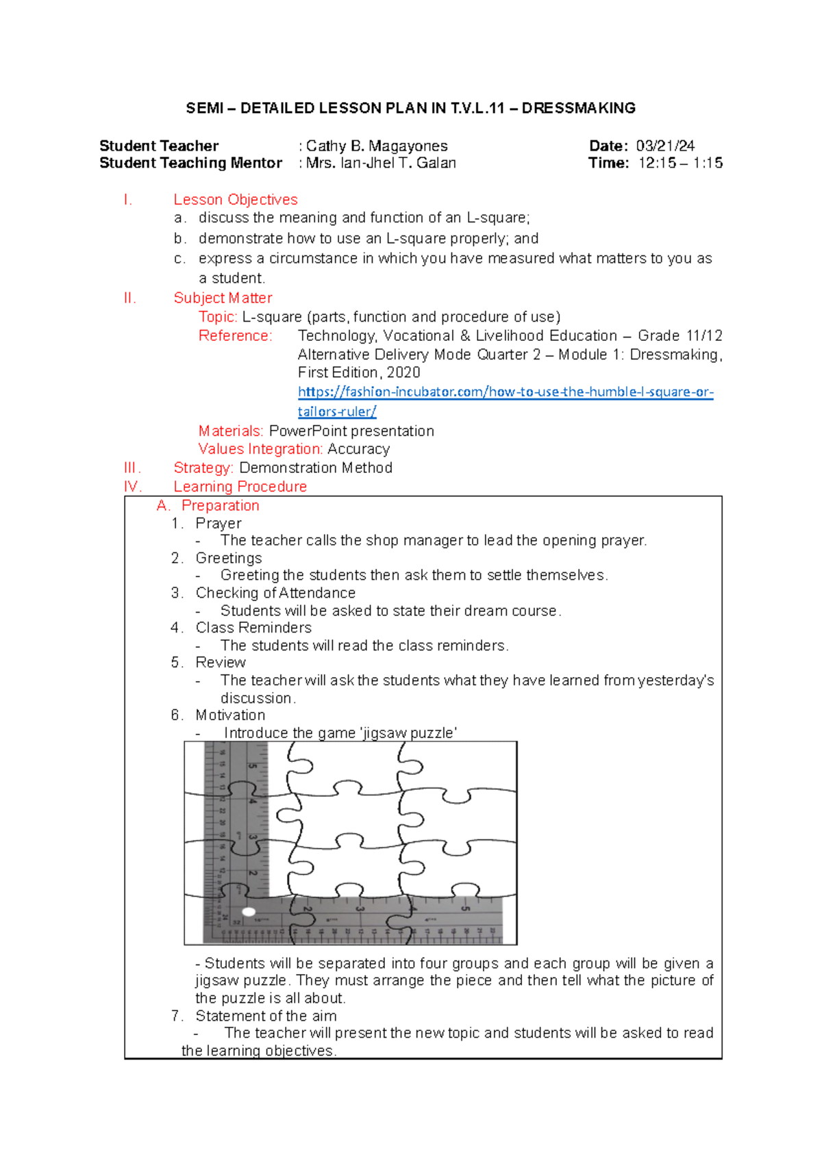 Semi Detailed Lesson Plan - SEMI – DETAILED LESSON PLAN IN T.V.L ...