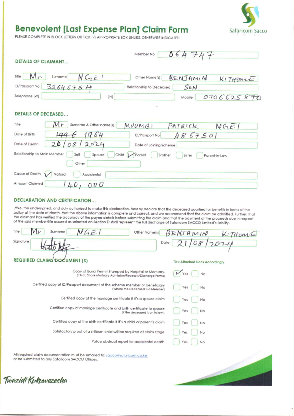 001 - wee - Benevolent Expense Claim Form Safaricom Sacco LIMITED ...