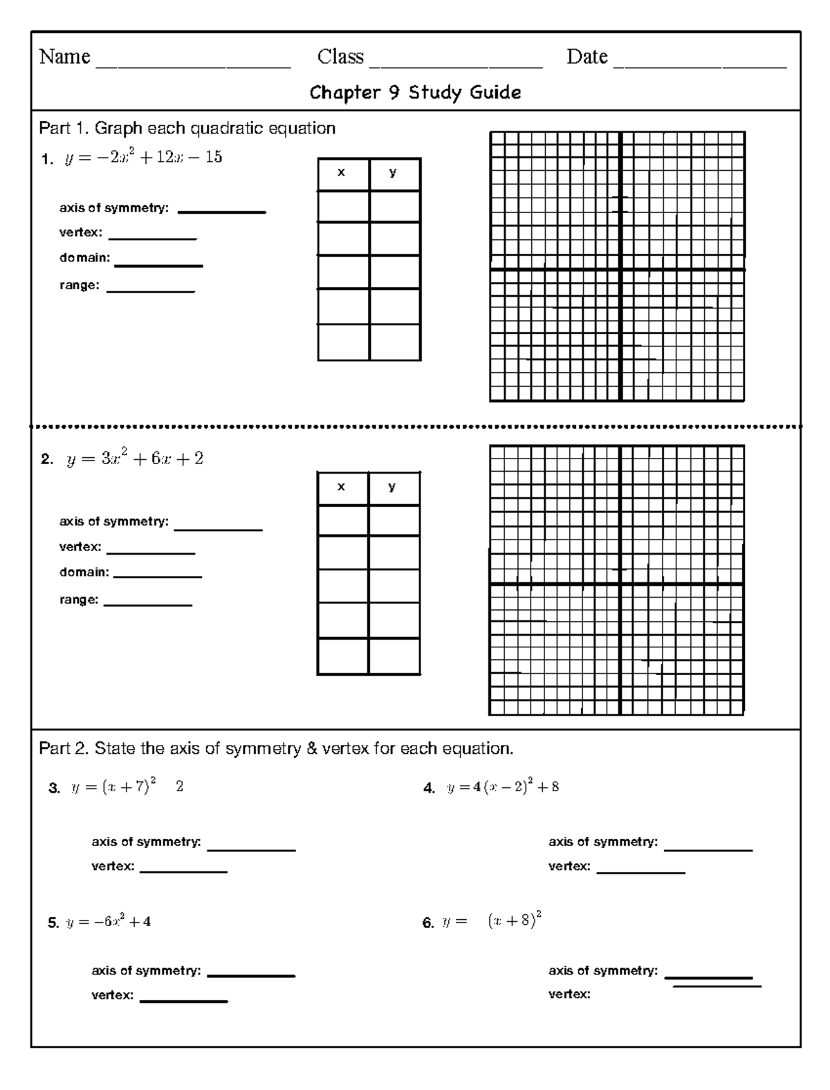 Chapter 9 Study Guide Algebra 1 - Name __________________ Class ...
