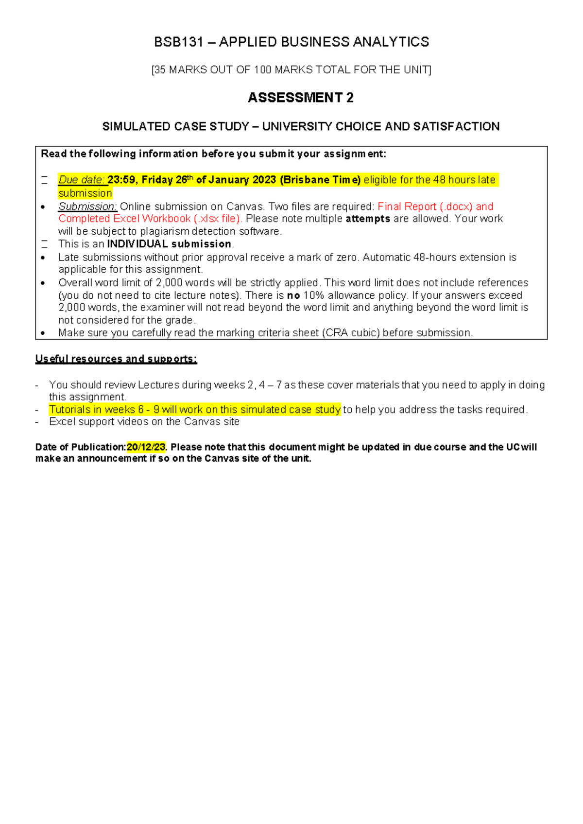 BSB131 Assessment 2 Task Description (Summer) - BSB131 – APPLIED BUSINESS ANALYTICS [35 MARKS ...