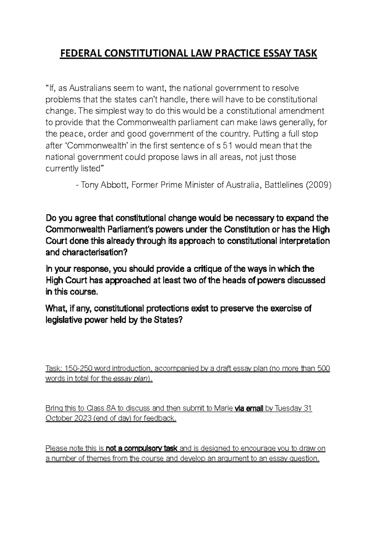 Federal Constitutional LAW Practice Essay TASK - FEDERAL CONSTITUTIONAL ...