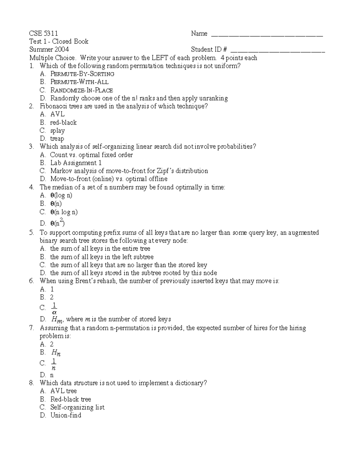 Sum04Z - Summer Test 1 - CSE 5311 Name ...