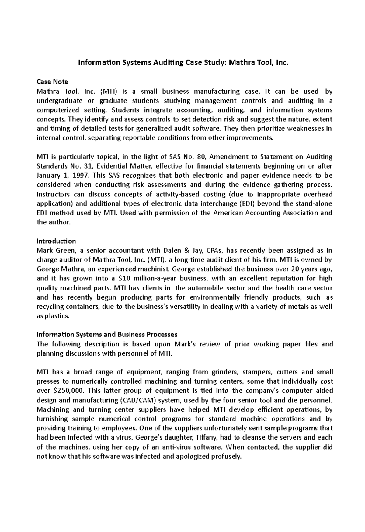 Information Systems Auditing Case Study Mathra Tools Inc - Case Note Mathra Tool, Inc. (MTI) is ...