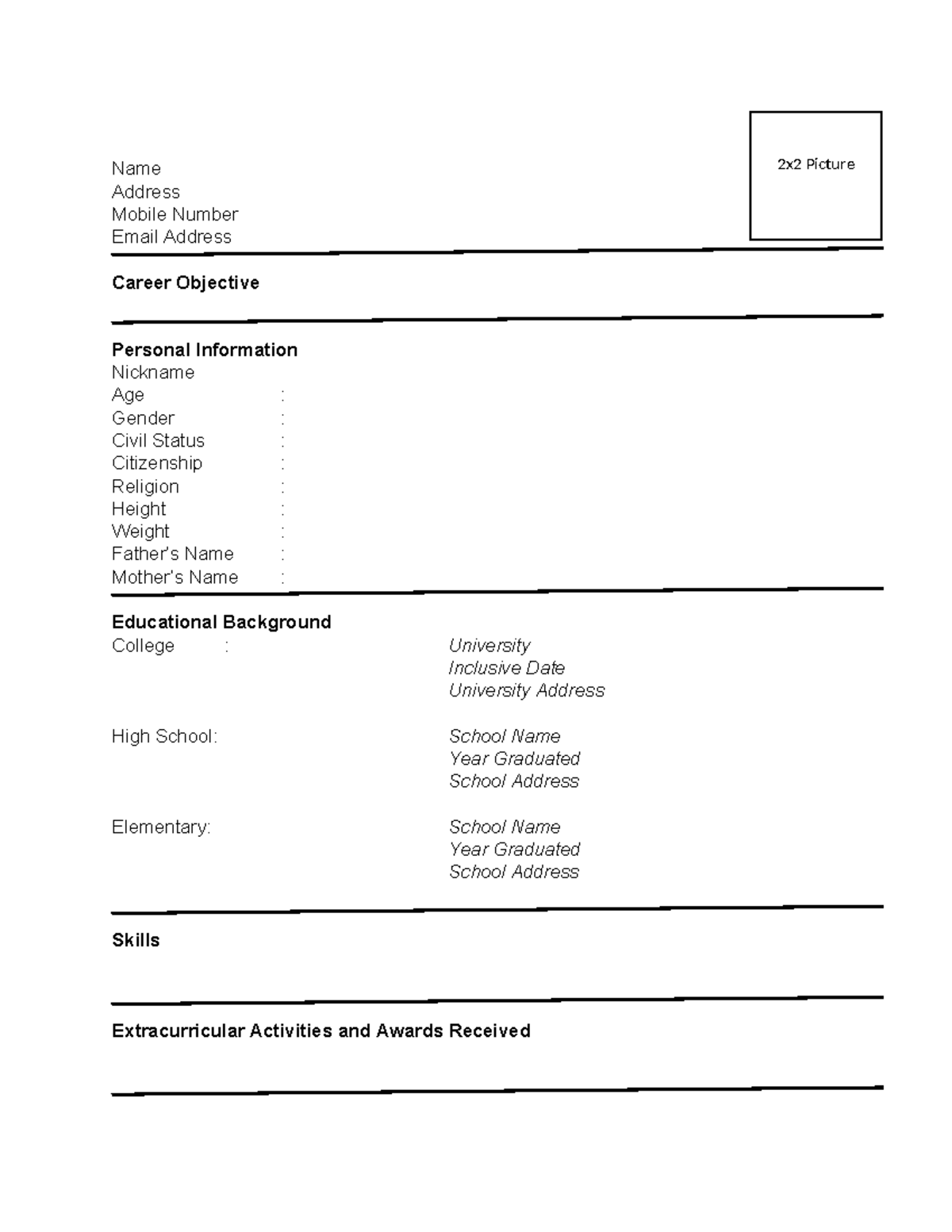 SELF-MADE- Resume- Format - edit - Name Address Mobile Number Email ...