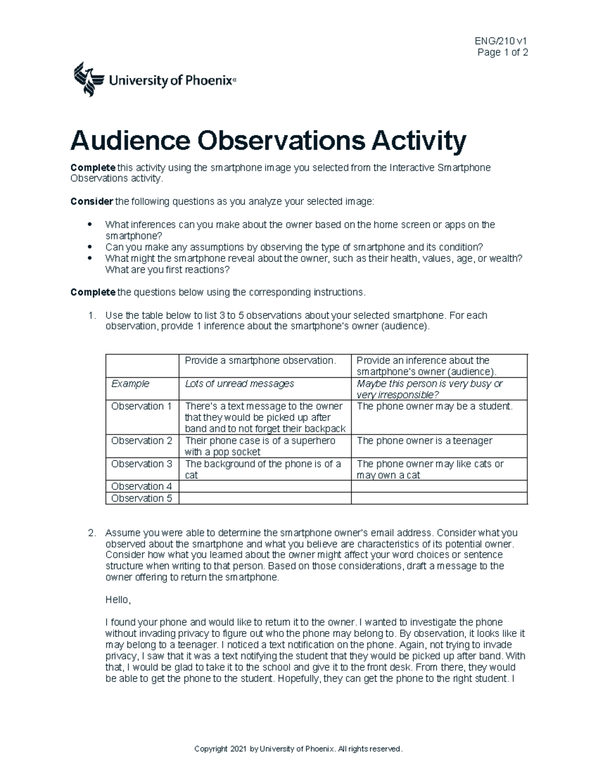 Eng210 v1 wk1 audience observations activity - ENG/210 v Page 1 of 2 Audience Observations ...