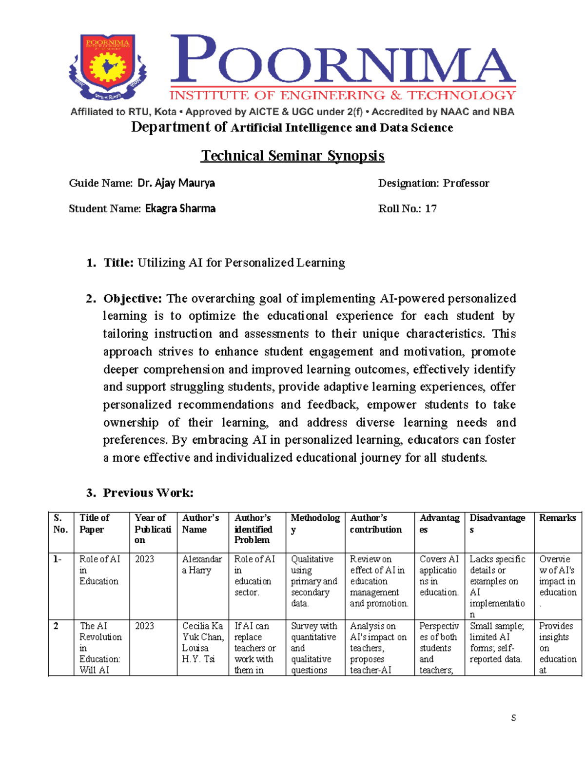 Synopsis Ekagra Sharma - Technical Seminar Synopsis Guide Name: Dr. Ajay Maurya Designation ...