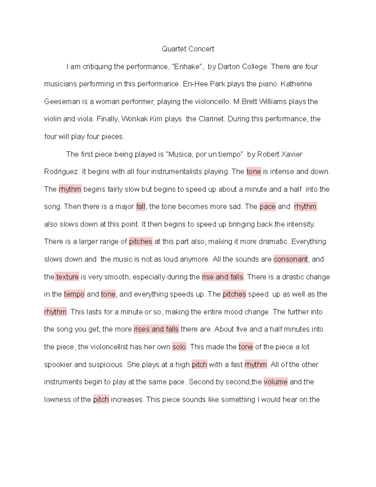 Music Appreciation critique - Quartet Concert I am critiquing the ...