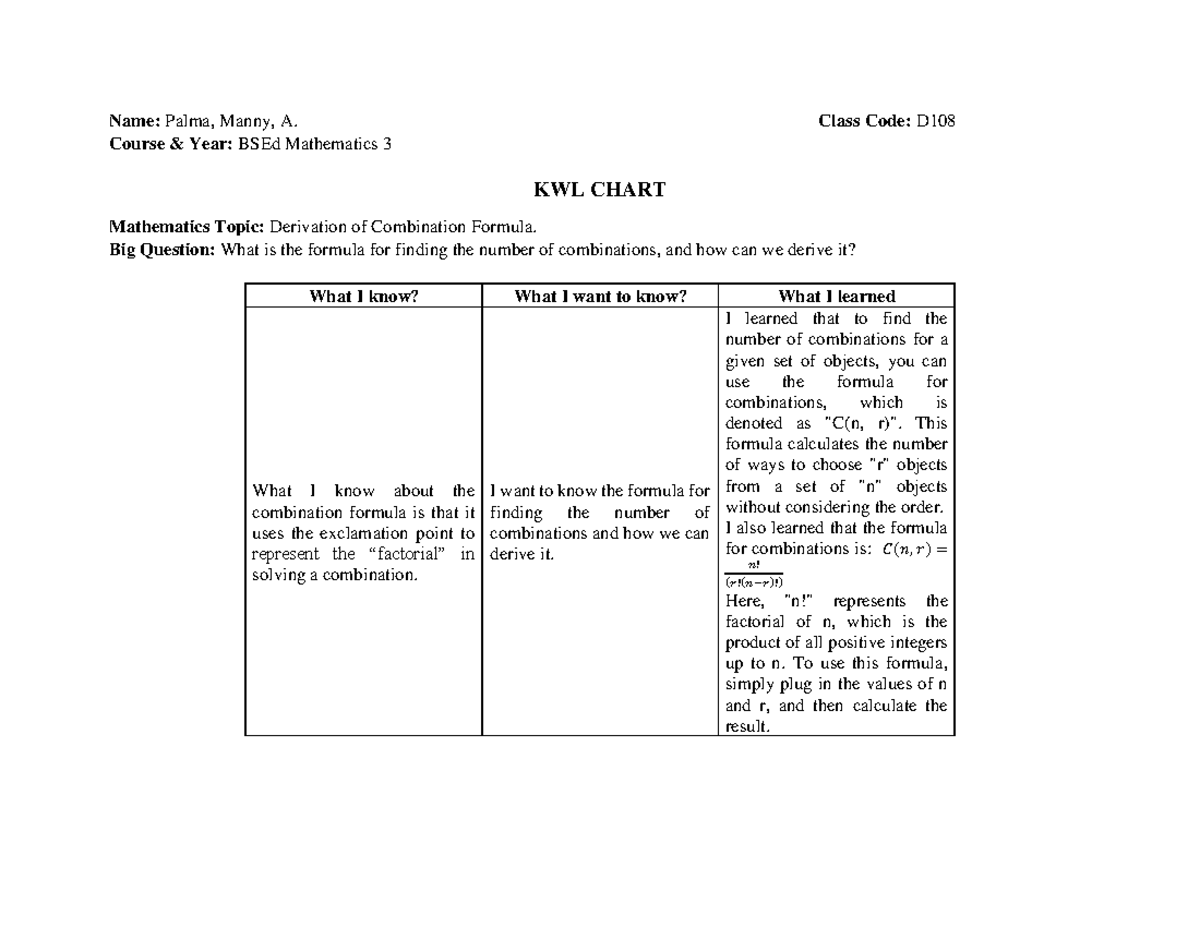 KWL - KWL - Name: Palma, Manny, A. Class Code: D Course & Year: BSEd ...