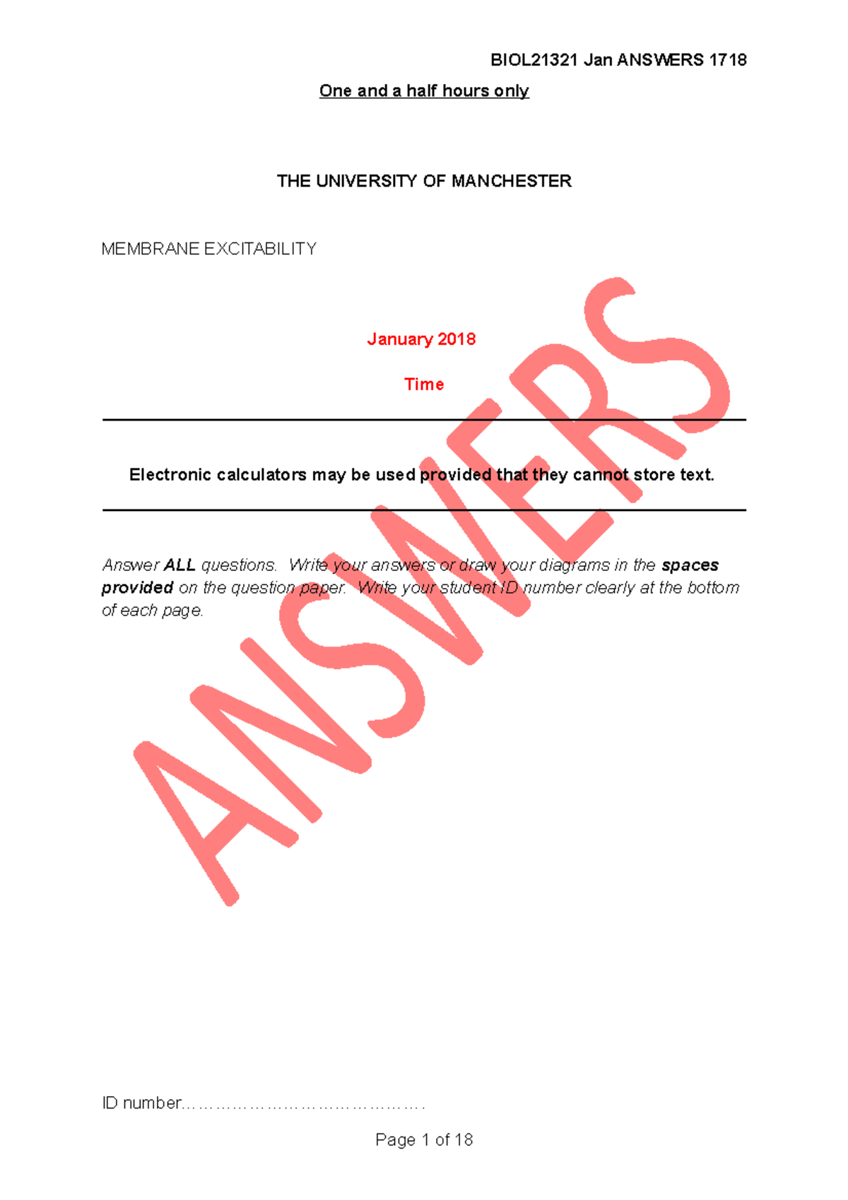 Exam 23 January, questions and answers - BIOL21321 Jan ANSWERS 1718 One ...
