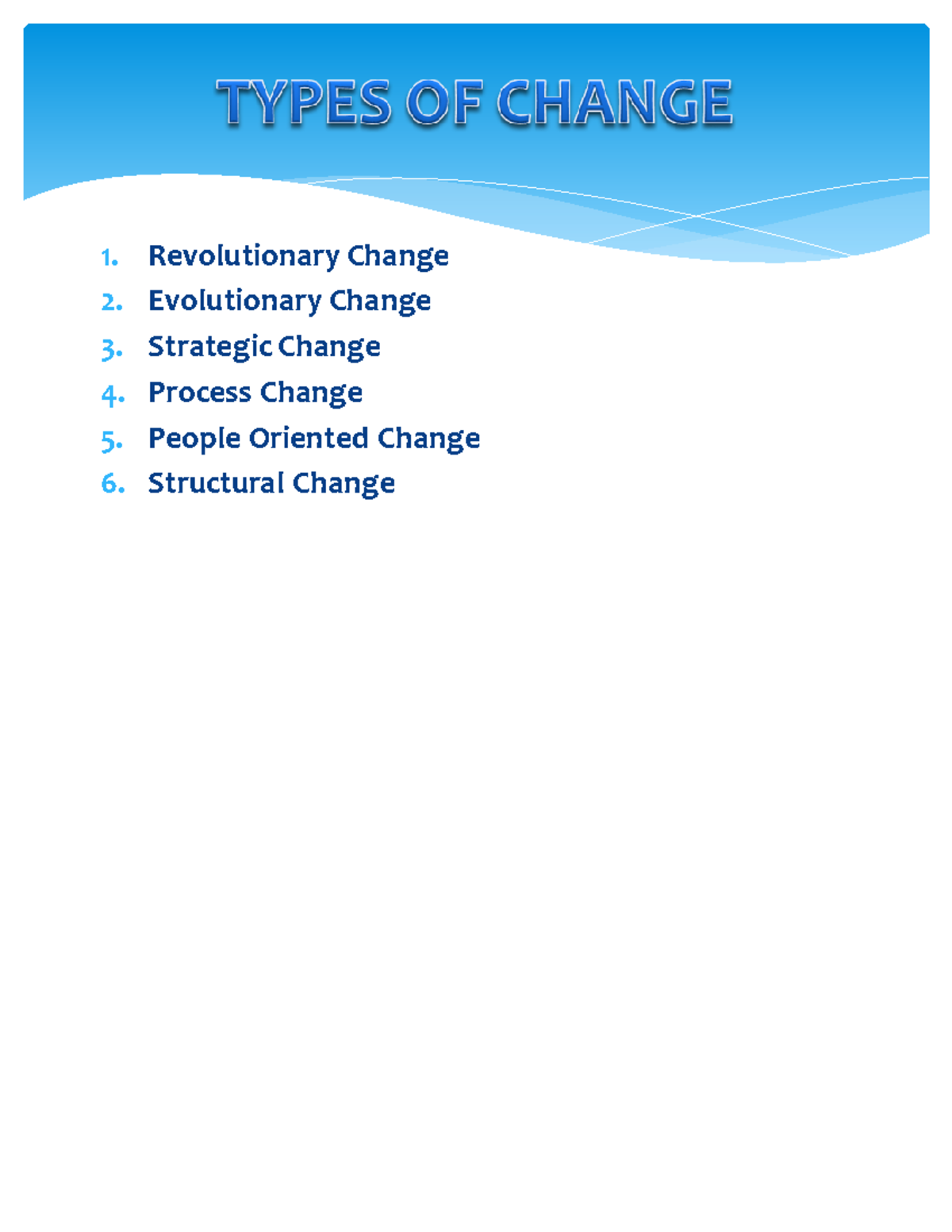 OB - Types of changes - 1. 2. 3. 4. 5. 6. Revolutionary Change ...