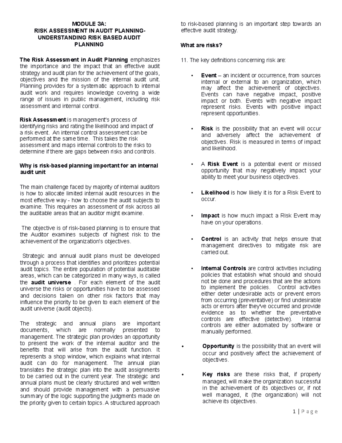 Module-3A - Lecture notes - MODULE 3A: RISK ASSESSMENT IN AUDIT ...