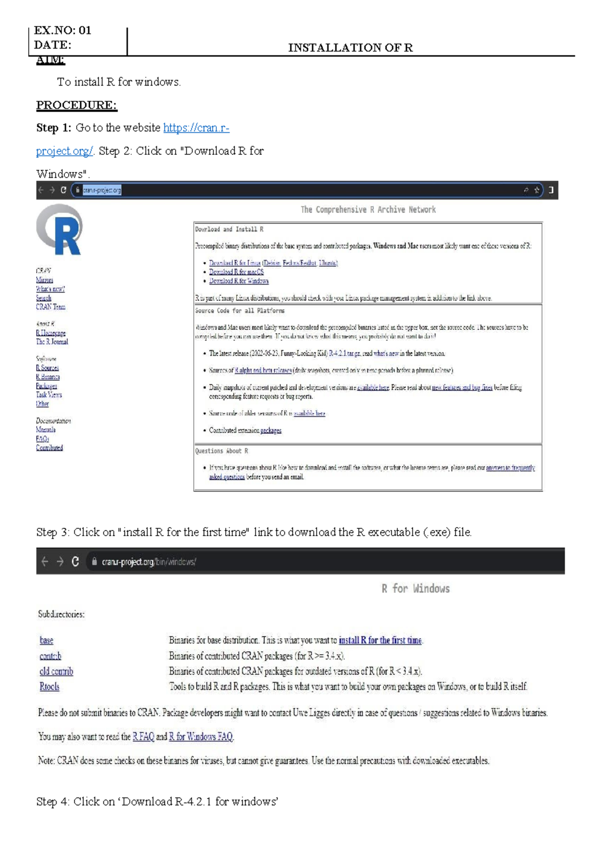 DEV Record - IT IS VERY USEFUL TO STUDENTS - EX: 01 DATE: AIM: To install R for windows ...
