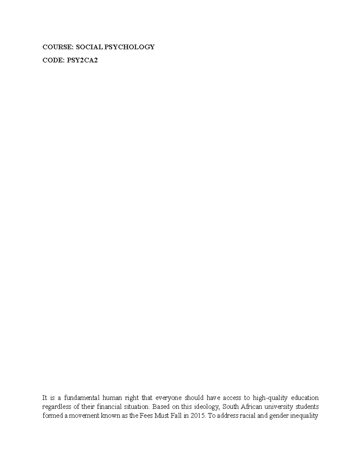 Social psychology assignment 2 - COURSE: SOCIAL PSYCHOLOGY CODE: PSY2CA ...